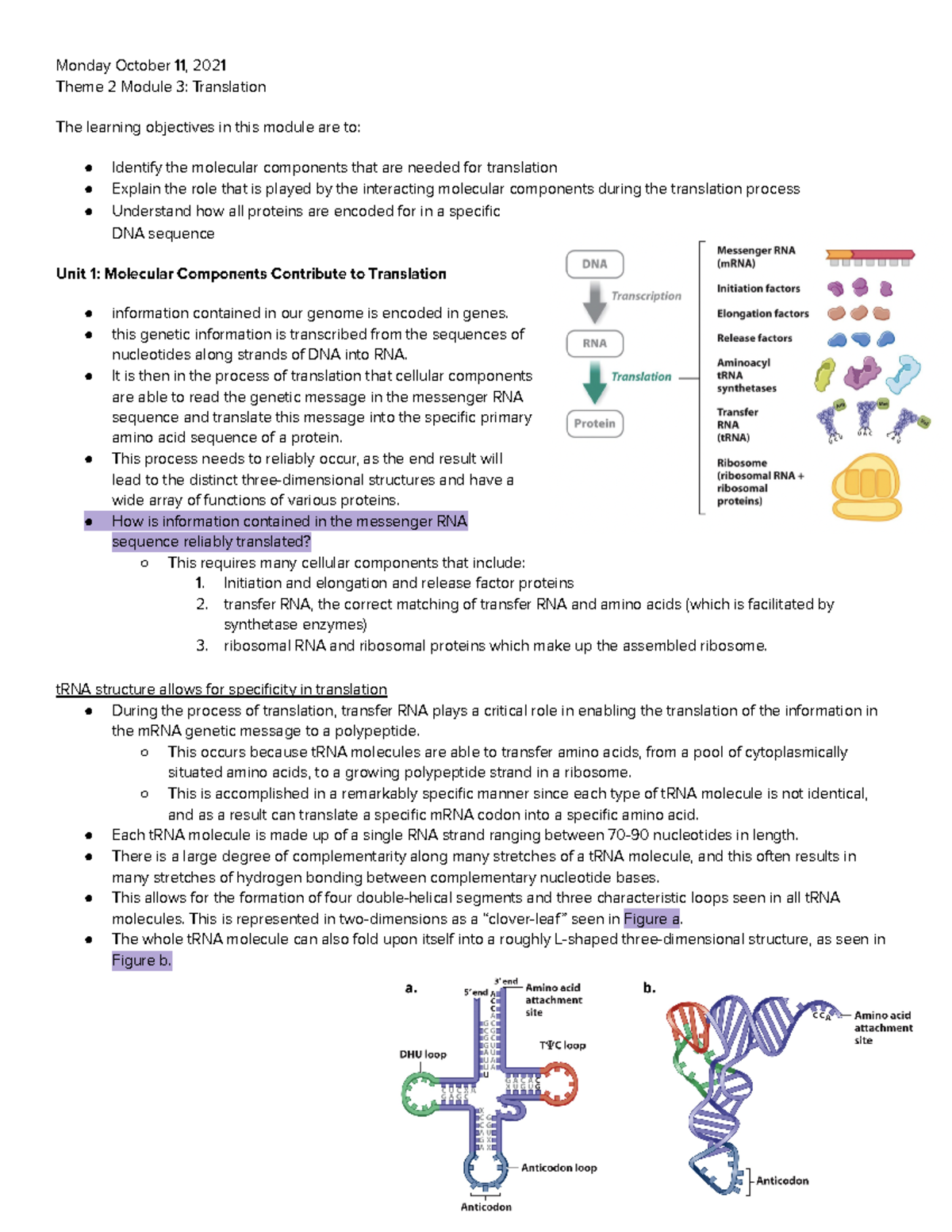 Biology Notes - Test 2 - Monday October 11, 2021 Theme 2 Module 3 ...
