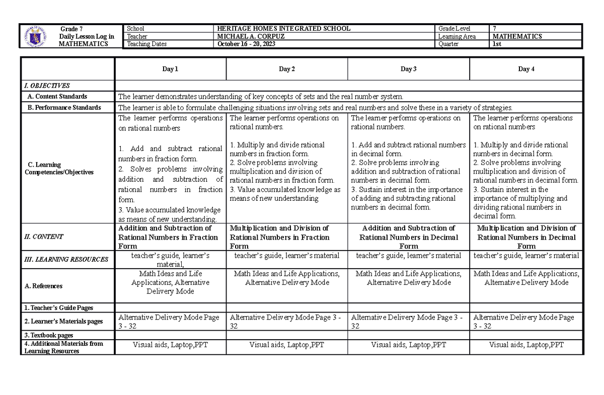 DLL- Mathematics Q1 oct 16 - 20 - Grade 7 Daily Lesson Log in ...