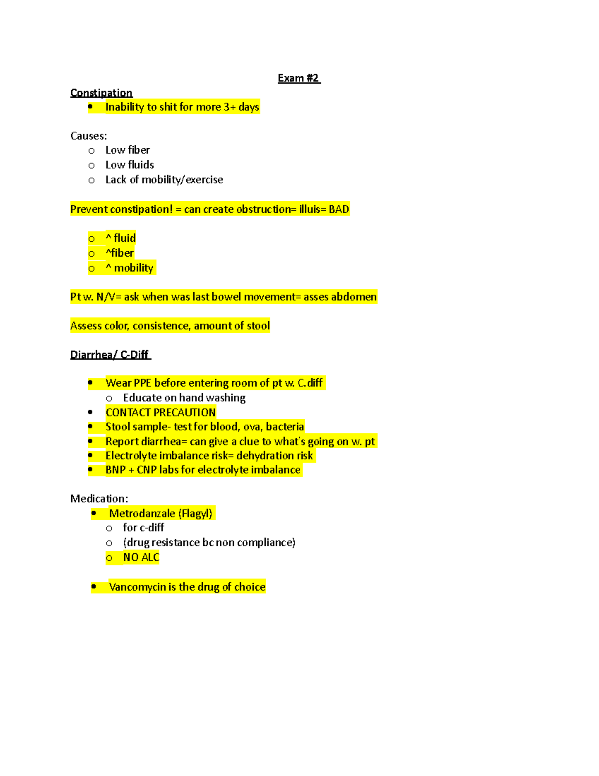 Exam 2 - exam 2 - Exam # Constipation Inability to shit for more 3 ...