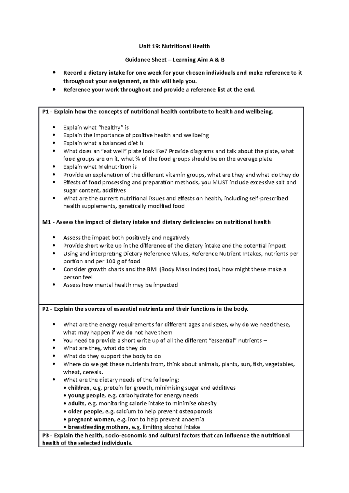 Assignment 1 Guidance Sheet - Unit 19: Nutritional Health Guidance ...