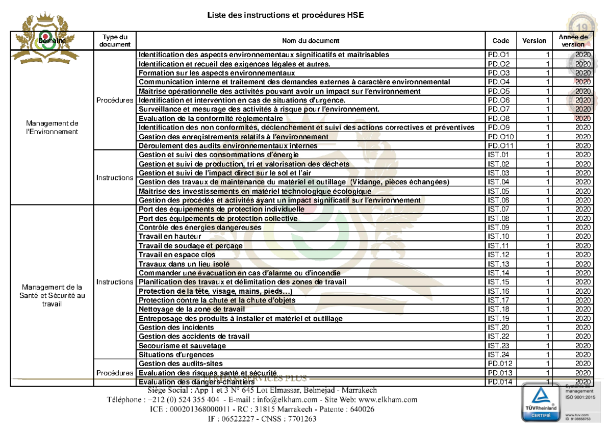 505703240 Liste Des Instructions Et Procedures HSE - Liste des ...