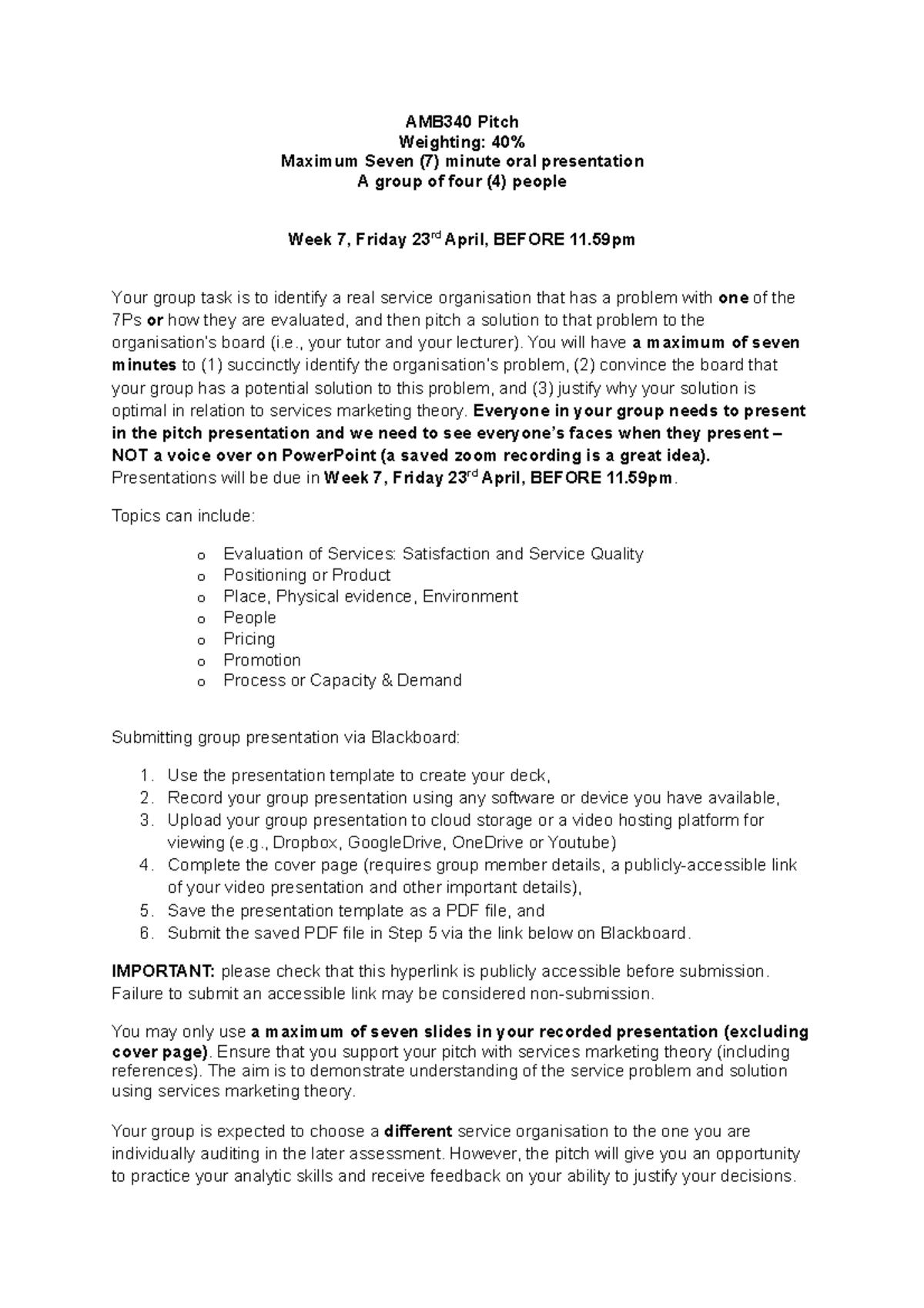 AMB340 Group Pitch instructions SEM1 2021 - AMB340 Pitch Weighting: 40% ...