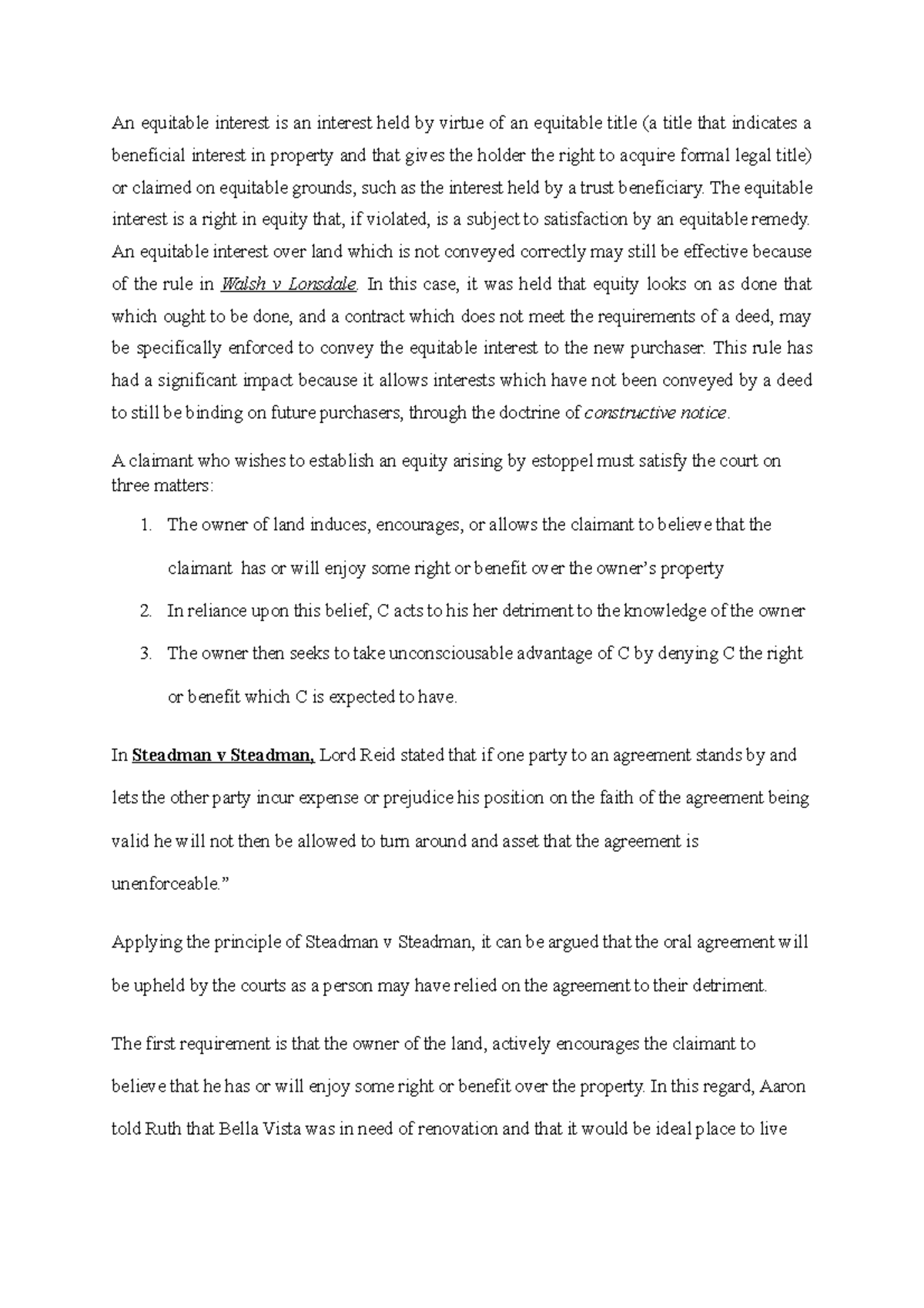 Equity - notes - An equitable interest is an interest held by virtue of ...