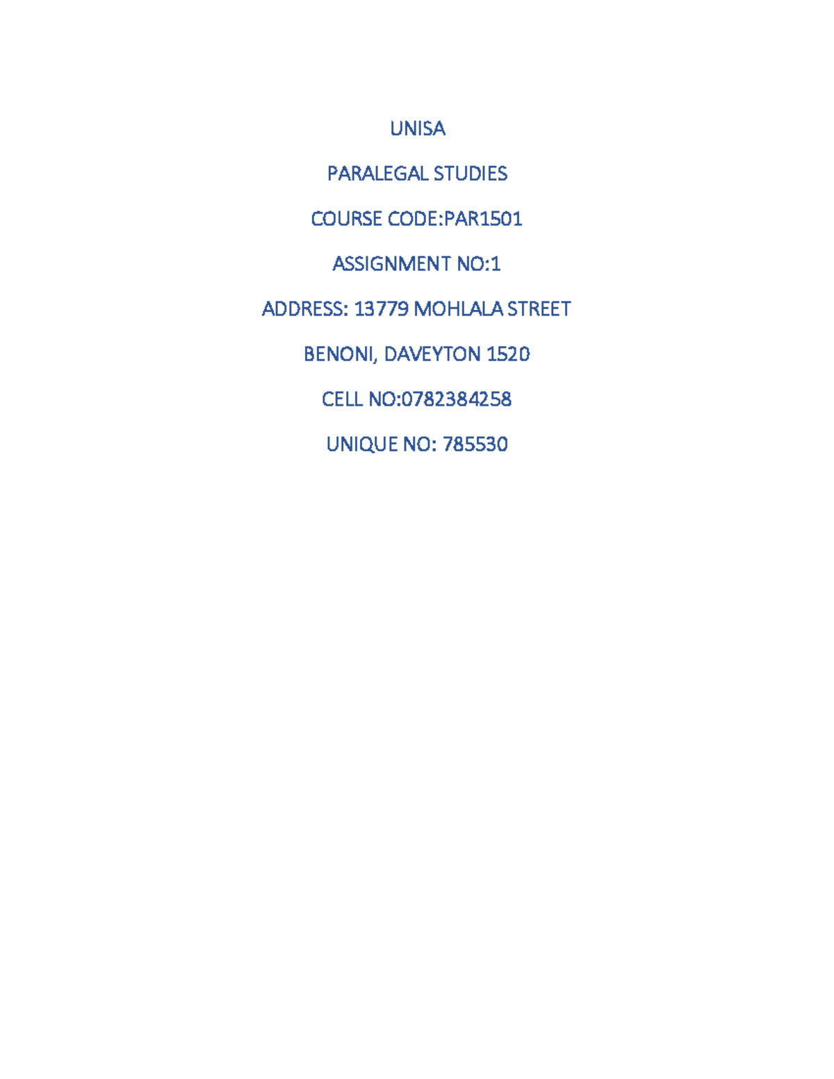 paralegal studies paralegal1501 par1501 assignment1 - PAR1501 - Unisa ...