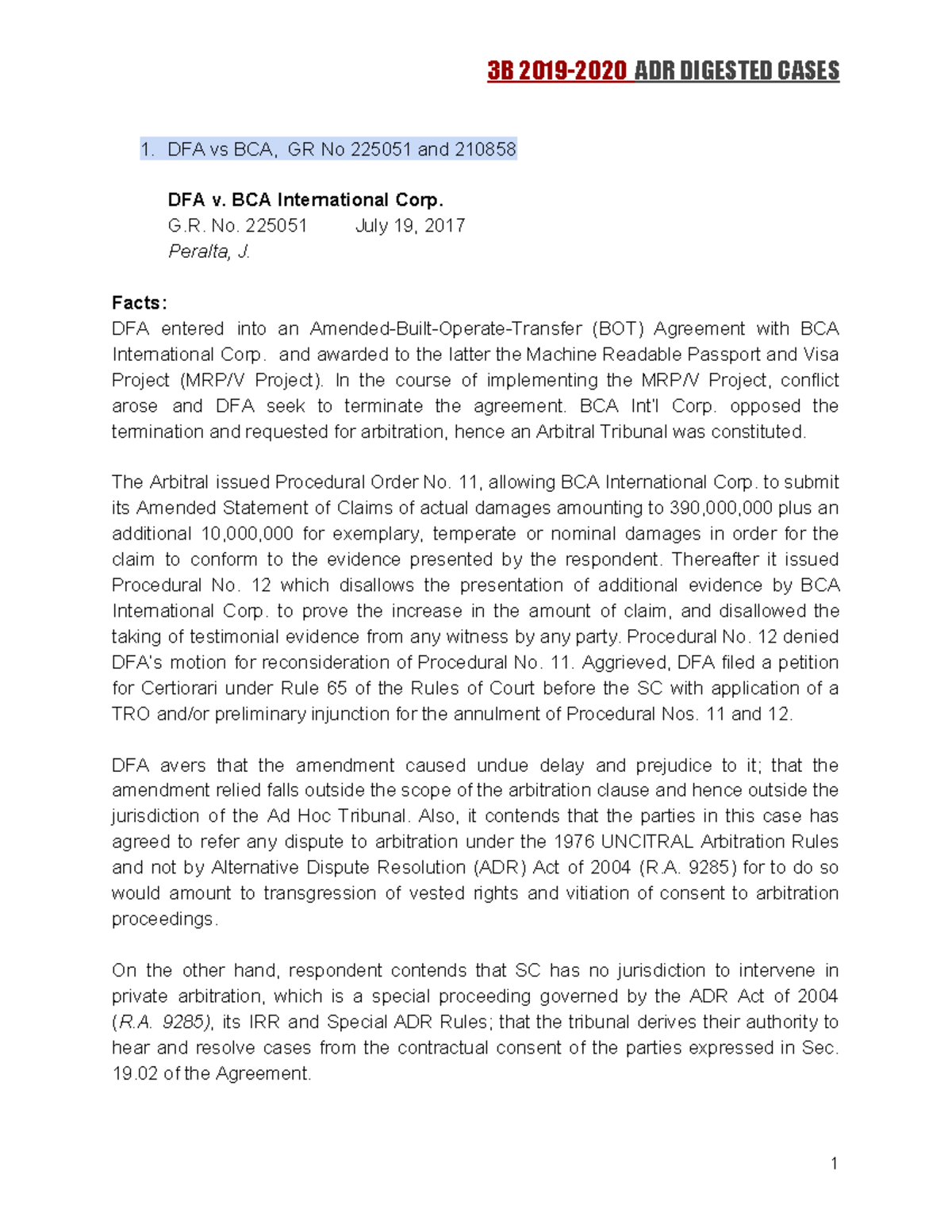 ADR Case Digests [3B1920] - DFA vs BCA, GR No 225051 and 210858 DFA v ...