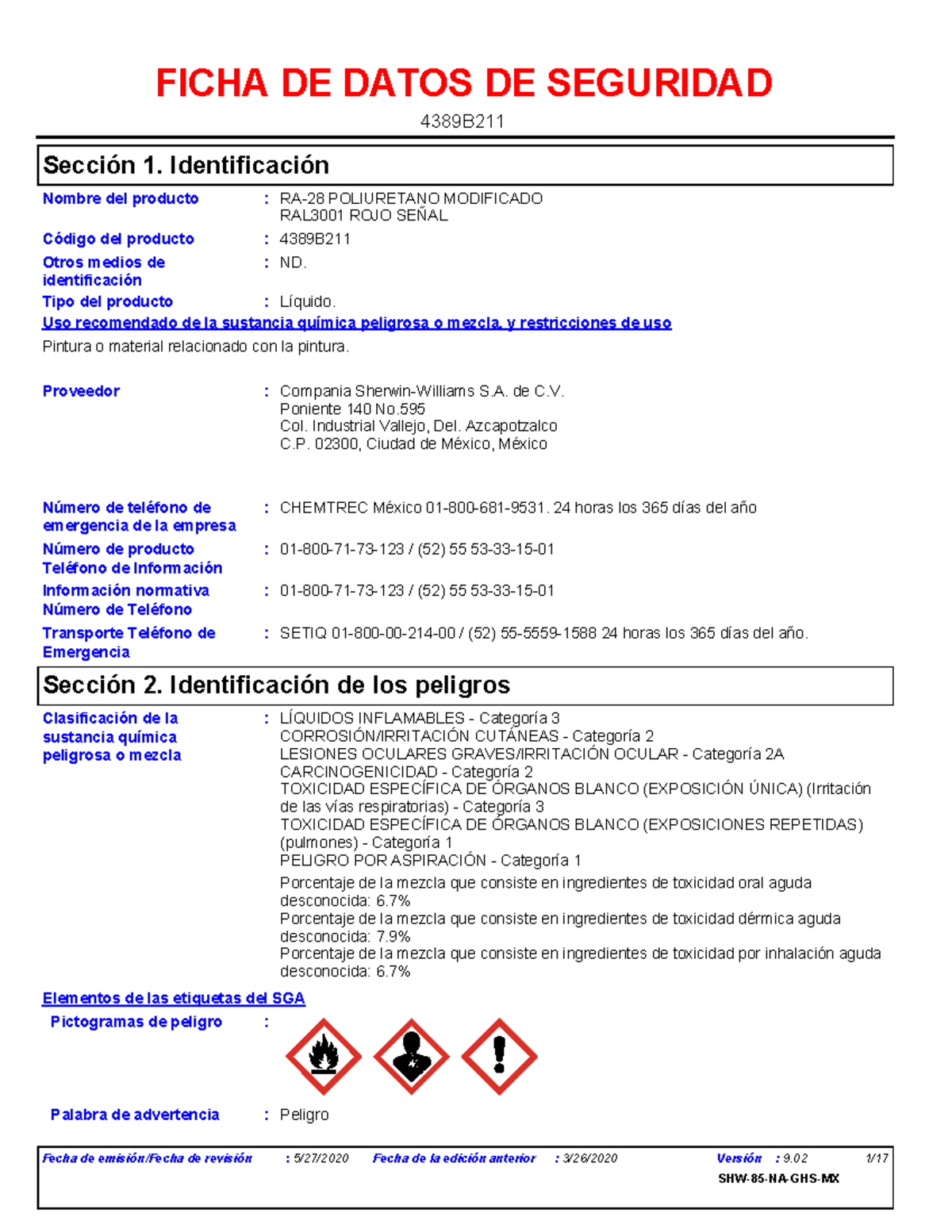 H.S.4389B21105.pdf - RA-28 POLIURETANO MODIFICADO RAL 3001 ROJO SEÑAL ND. Líquido. CHEMTREC ...