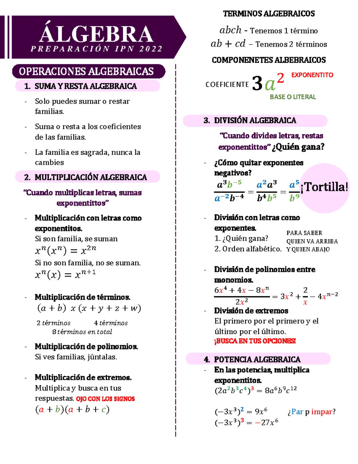 Álgebra - trabajo - ÁLGEBRA P R E P A R A C I Ó N I P N 2 0 2 2 ...