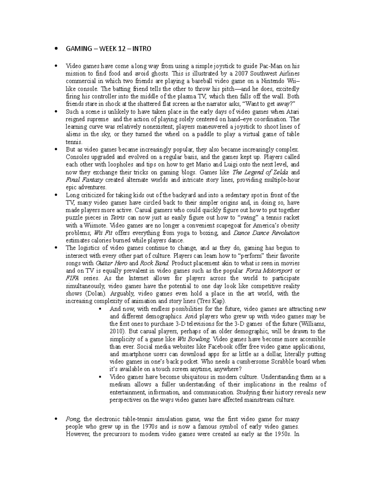 WEEK 12- Gaming - Video Games Notes - GAMING – WEEK 12 – INTRO Video ...