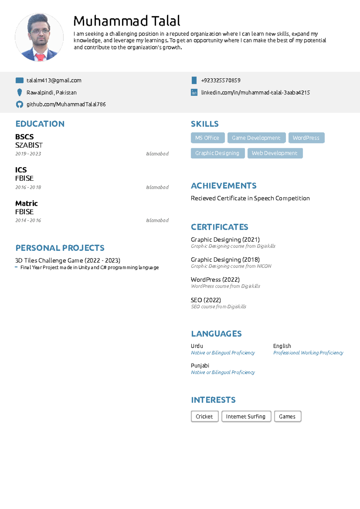 Muhammad Talal Resume - Muhammad Talal I am seeking a challenging ...