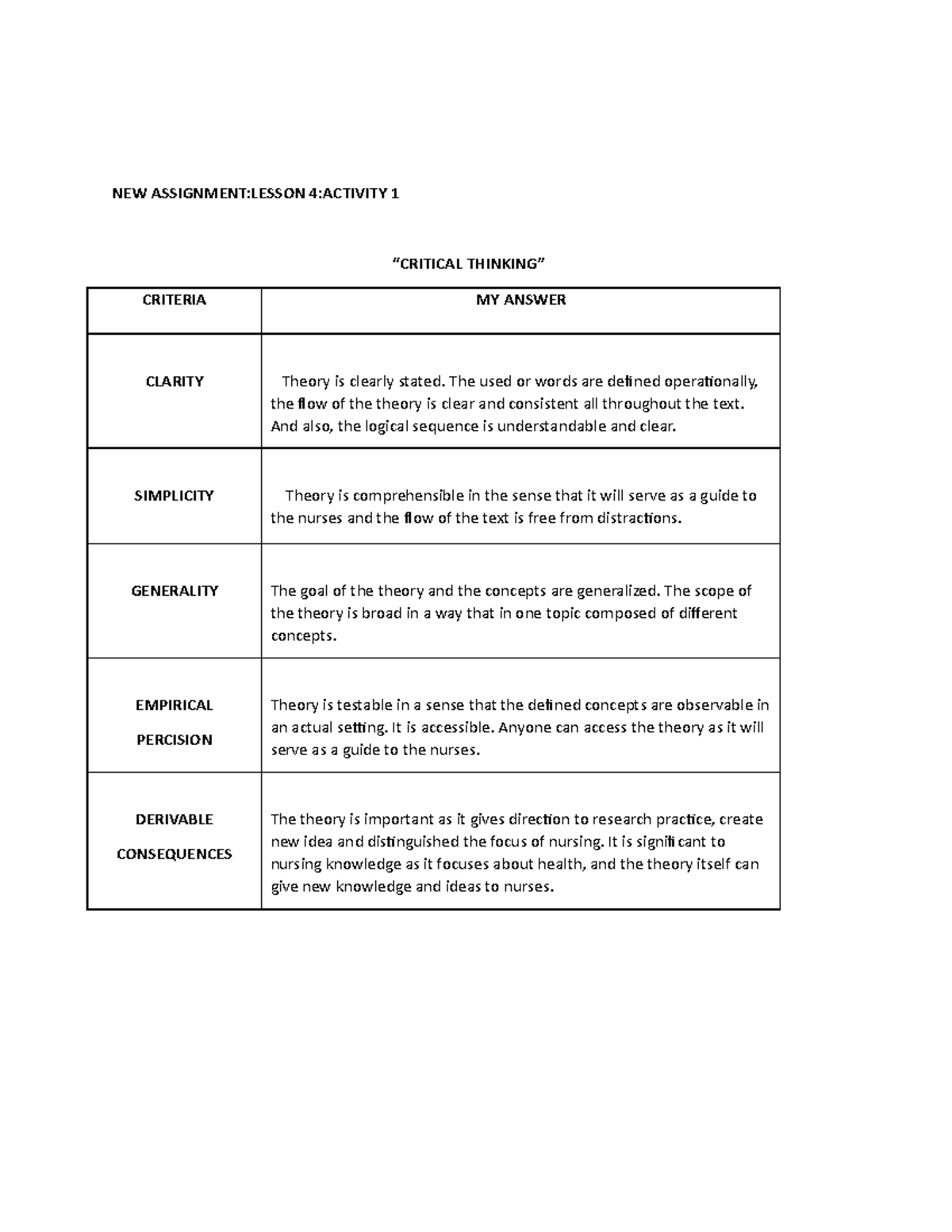 Critical Thinking - NEW ASSIGNMENT:LESSON 4:ACTIVITY 1 “CRITICAL ...