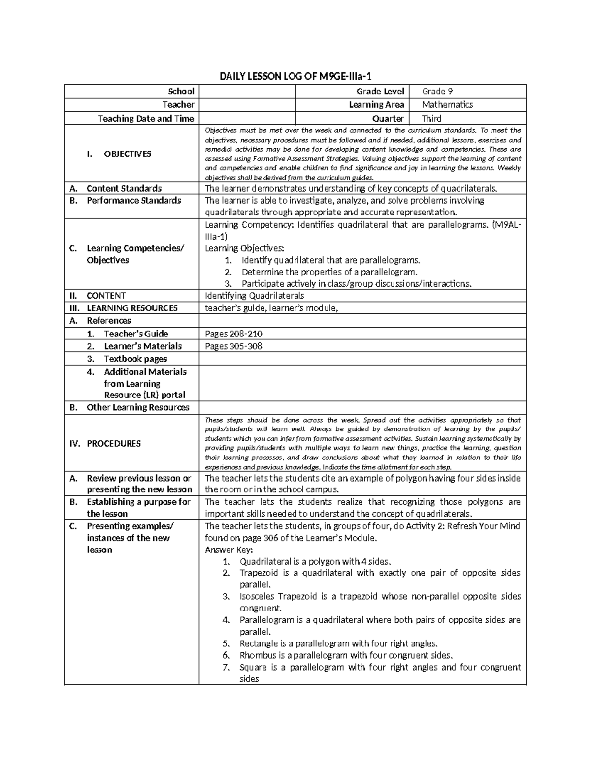 III-Day 1 - Lesson plan - DAILY LESSON LOG OF M9GE-IIIa- School Grade ...