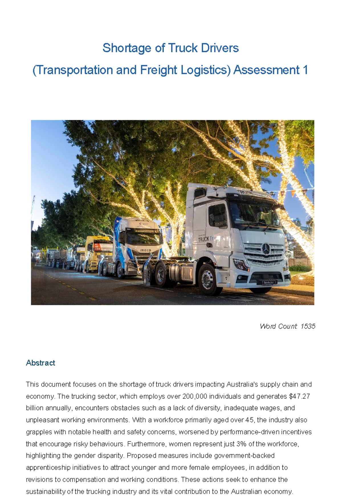 Shortage of Truck Drivers (Assessment 1) Transportation and Frieght ...