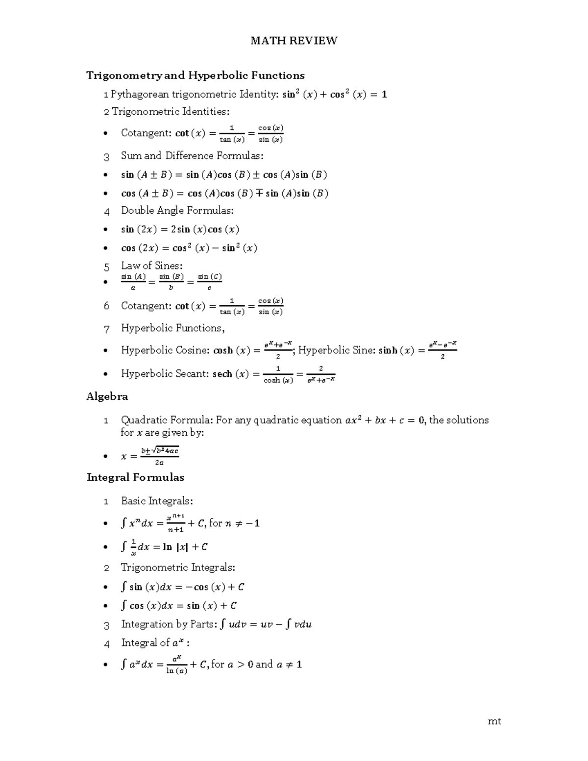 Math Review - Summary Fluid Mechanics II - MATH REVIEW mt Trigonometry and Hyperbolic Functions ...