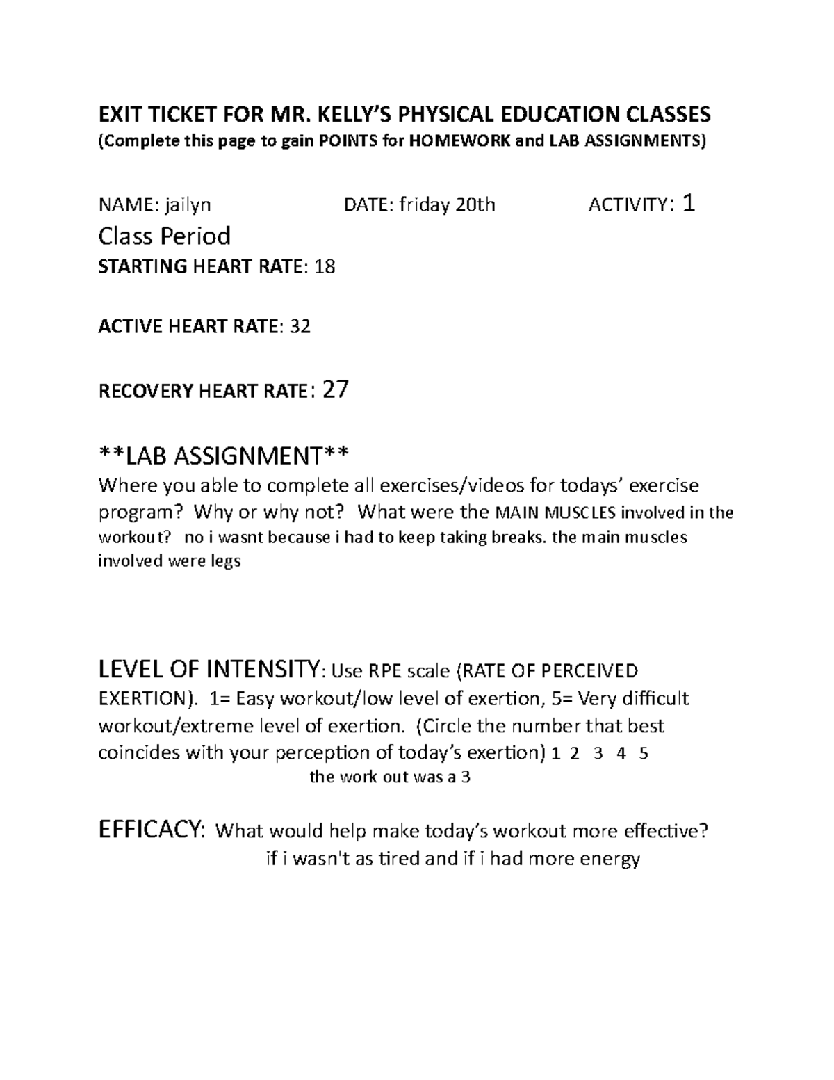 EXIT Ticket FOR MR - EXIT TICKET FOR MR. KELLY’S PHYSICAL EDUCATION ...