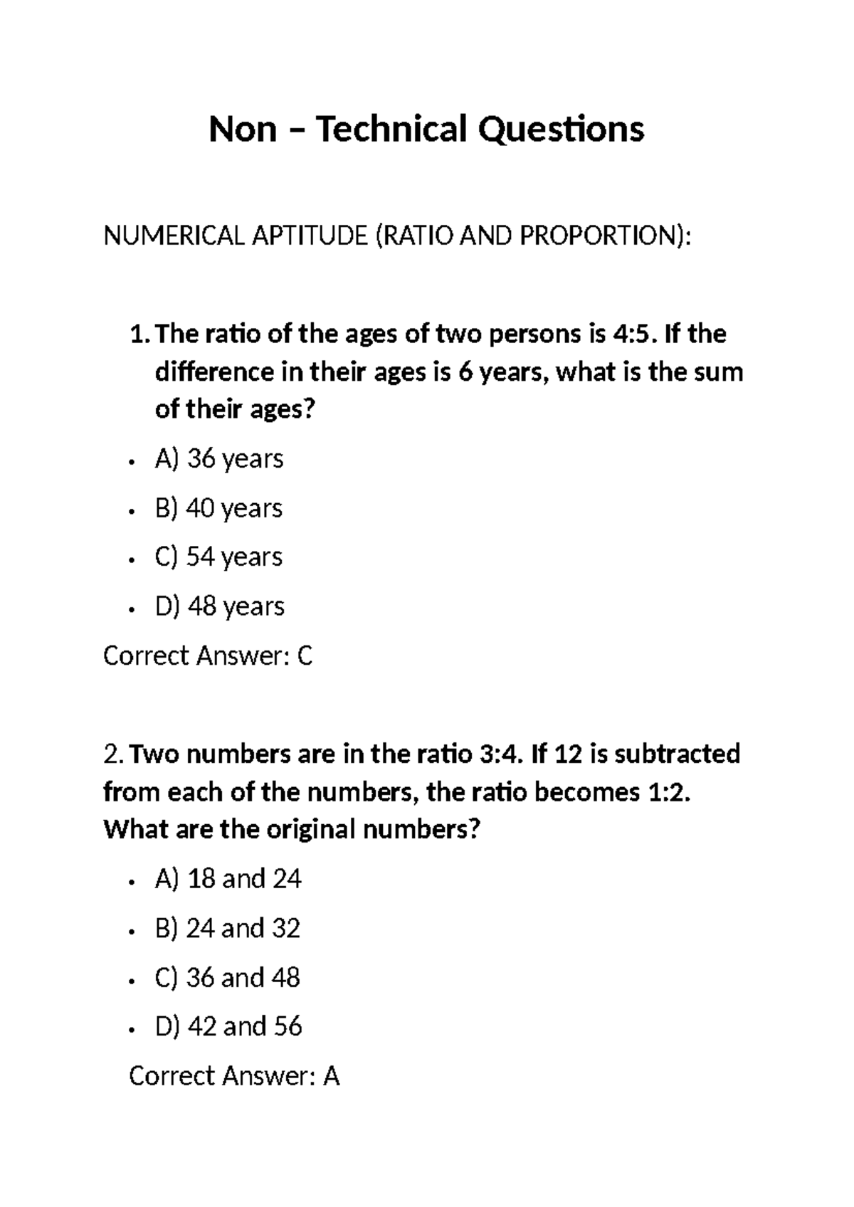 Non Technicalquestions practice - Non – Technical Questions NUMERICAL ...