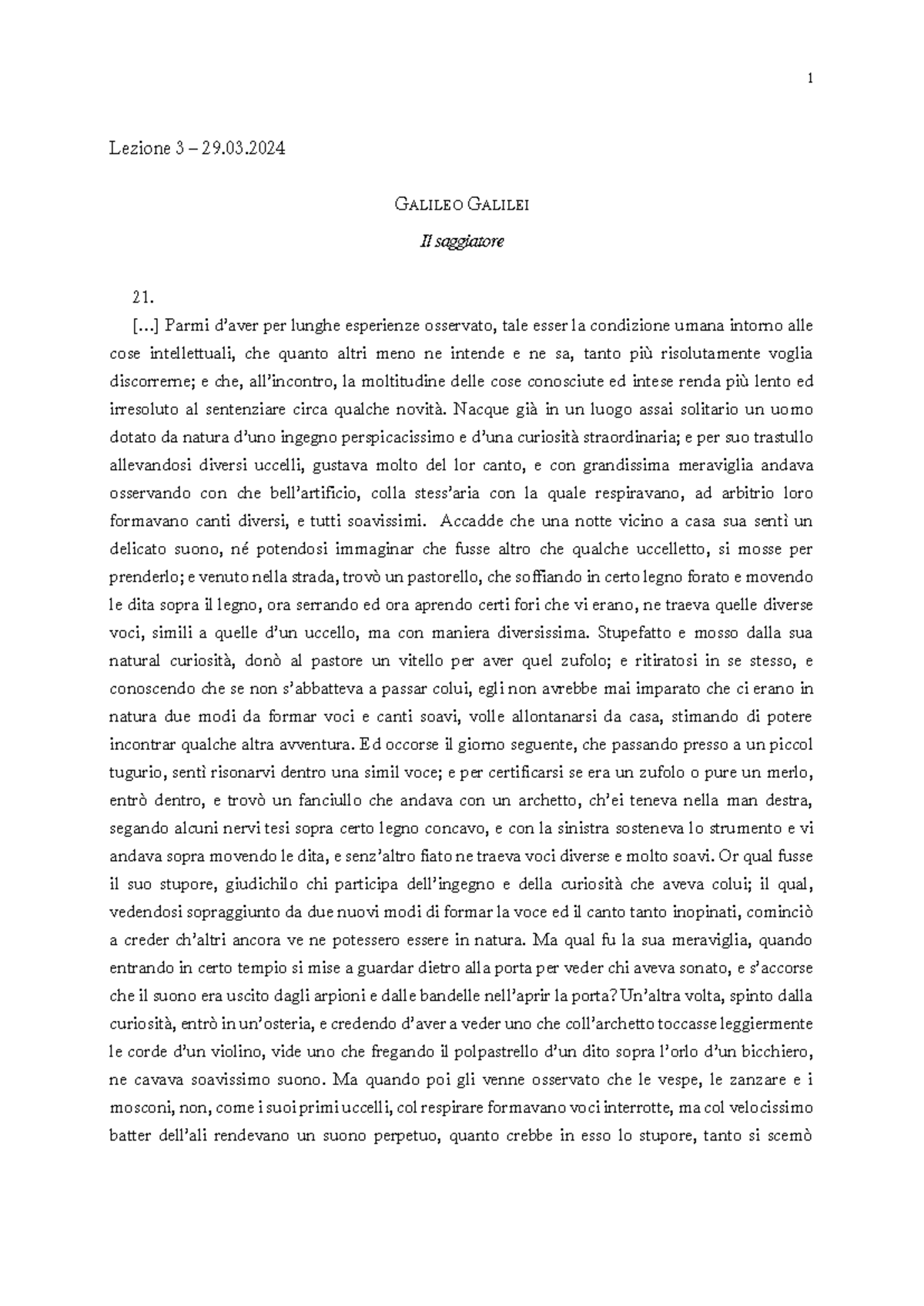 Testi - 1 Lezione 3 – 29. GALILEO GALILEI Il saggiatore 21. [...] Parmi ...