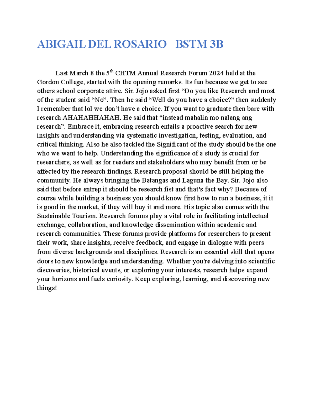 Abigail DEL Rosario BSTM 3B - ABIGAIL DEL ROSARIO BSTM 3B Last March 8 the 5 th CHTM Annual ...