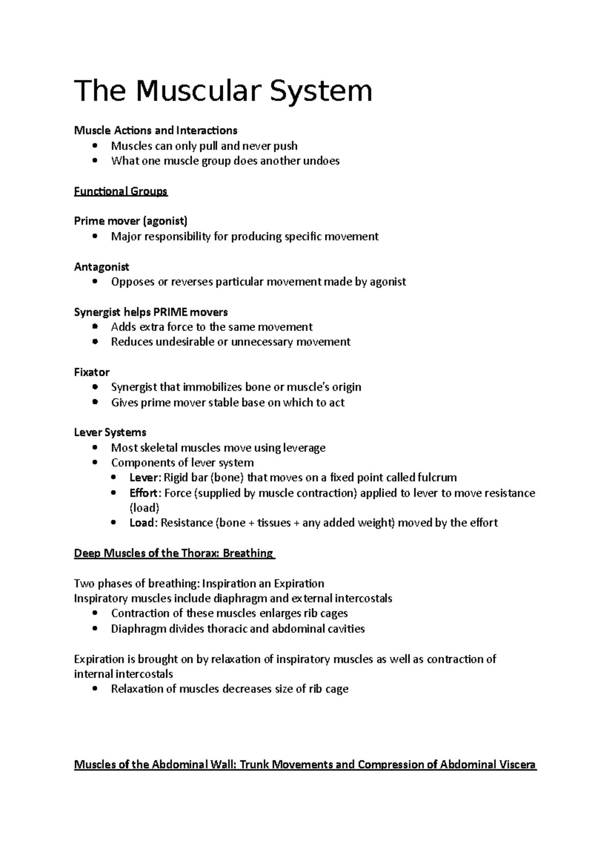 The Muscular System - An in-depth summary of the lecture notes for this ...