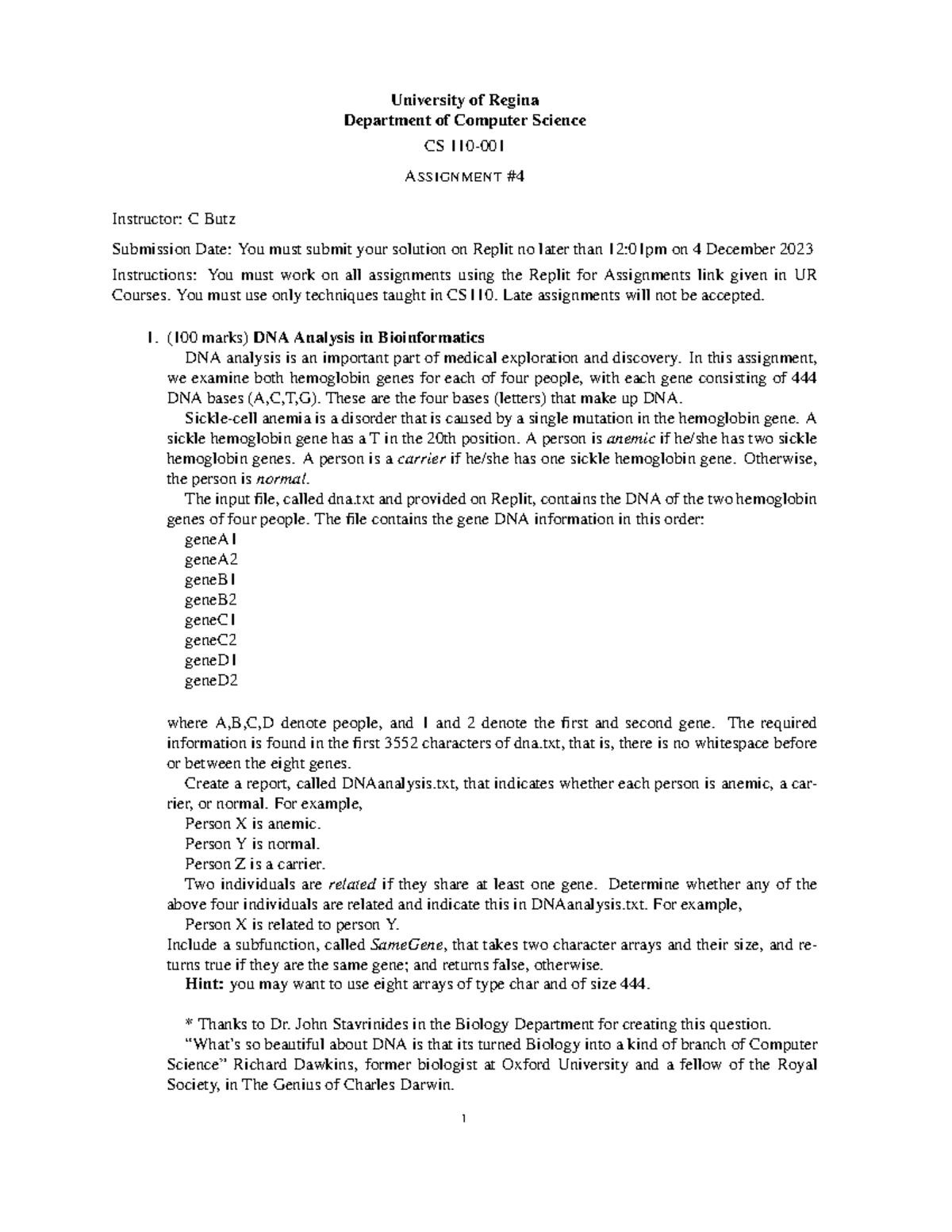 Cs Assignment 4 - University of Regina Department of Computer Science CS 110- ASSIGNMENT # - Studocu