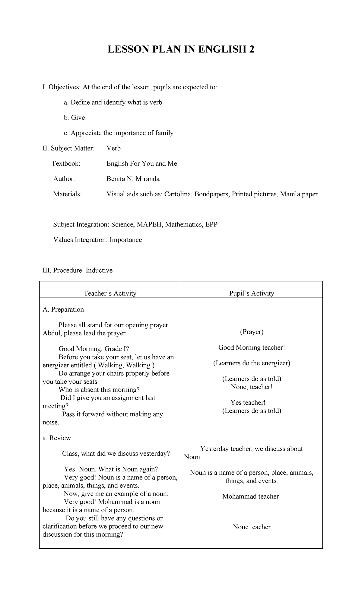 Lesson PLAN IN English 1 VERB - LESSON PLAN IN ENGLISH 2 I. Objectives ...
