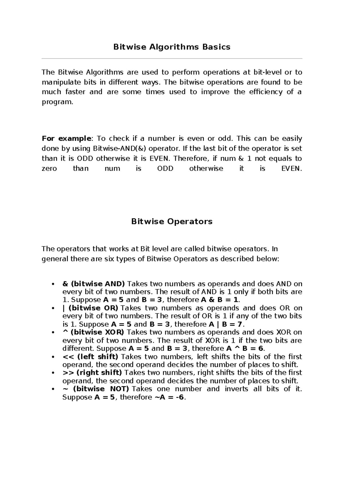 Bitwise Algorithms Basics - The bitwise operations are found to be much ... Bitwise Algorithms Basics - The bitwise operations are found to be much ...