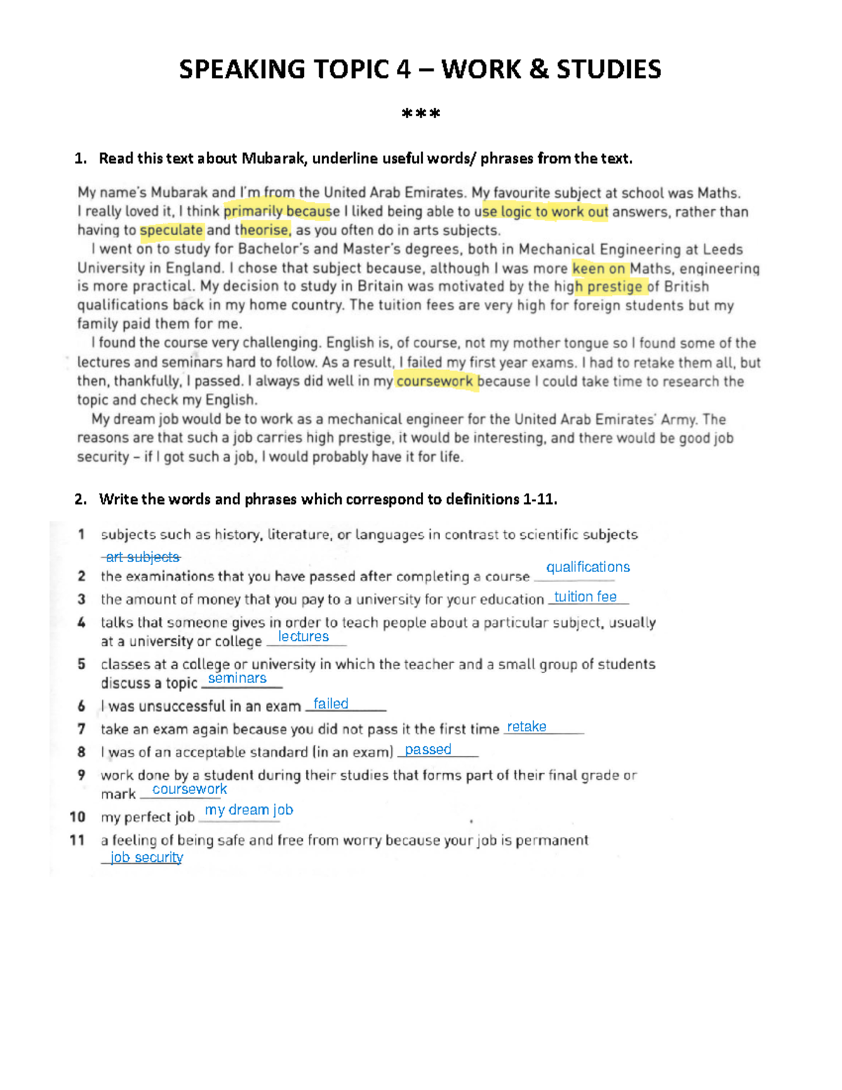 Speaking Topic 4 - Work & Studies - Tiếng anh - SPEAKING TOPIC 4 – WORK ...