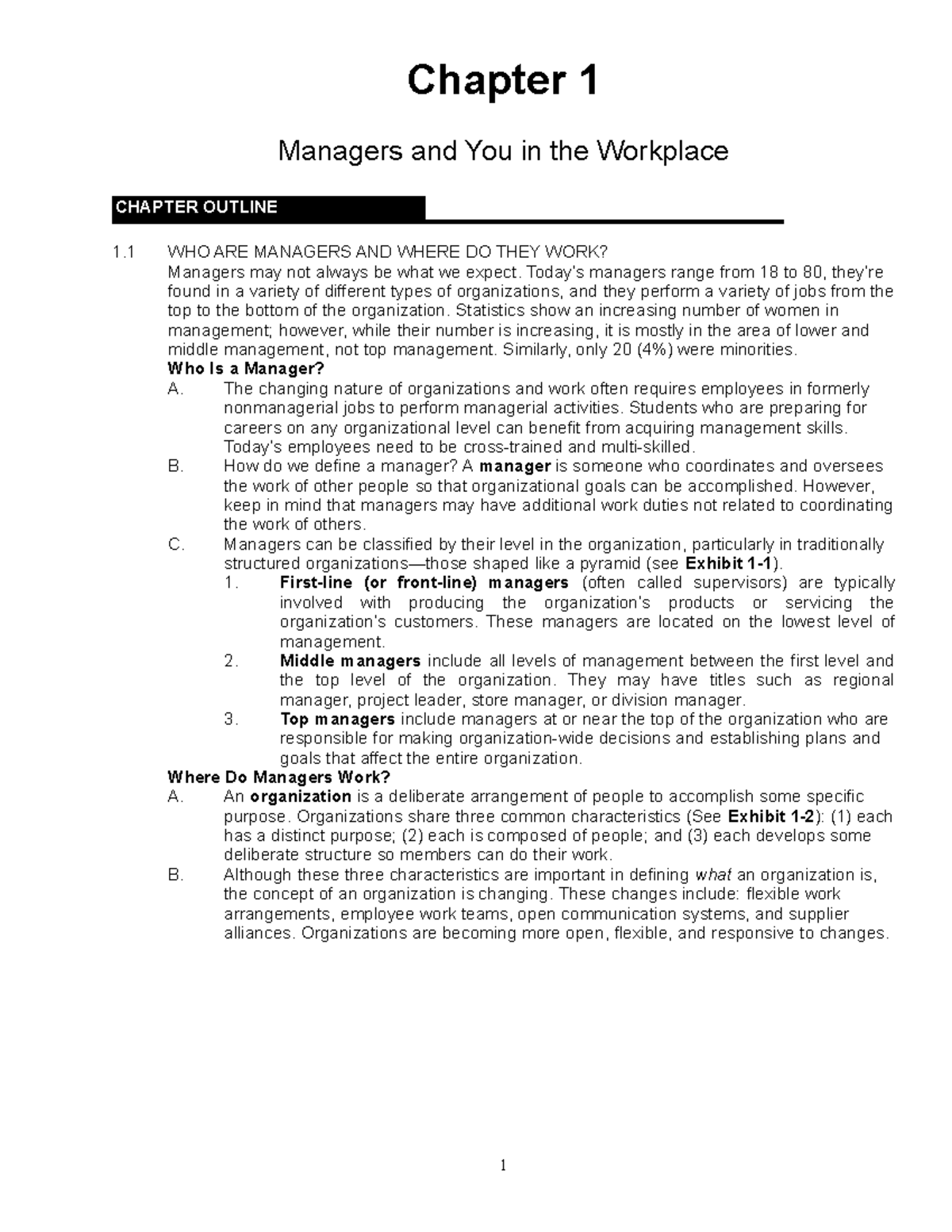 Chapter one - Management - Chapter 1 Managers and You in the Workplace ...