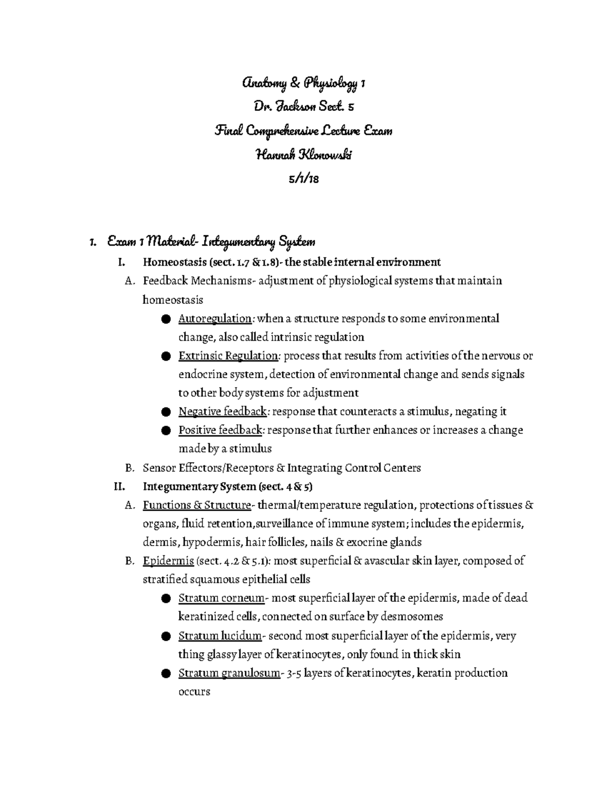 Final lecture exam study guide - Anatomy & Physiology 1 Dr. Jackson ...