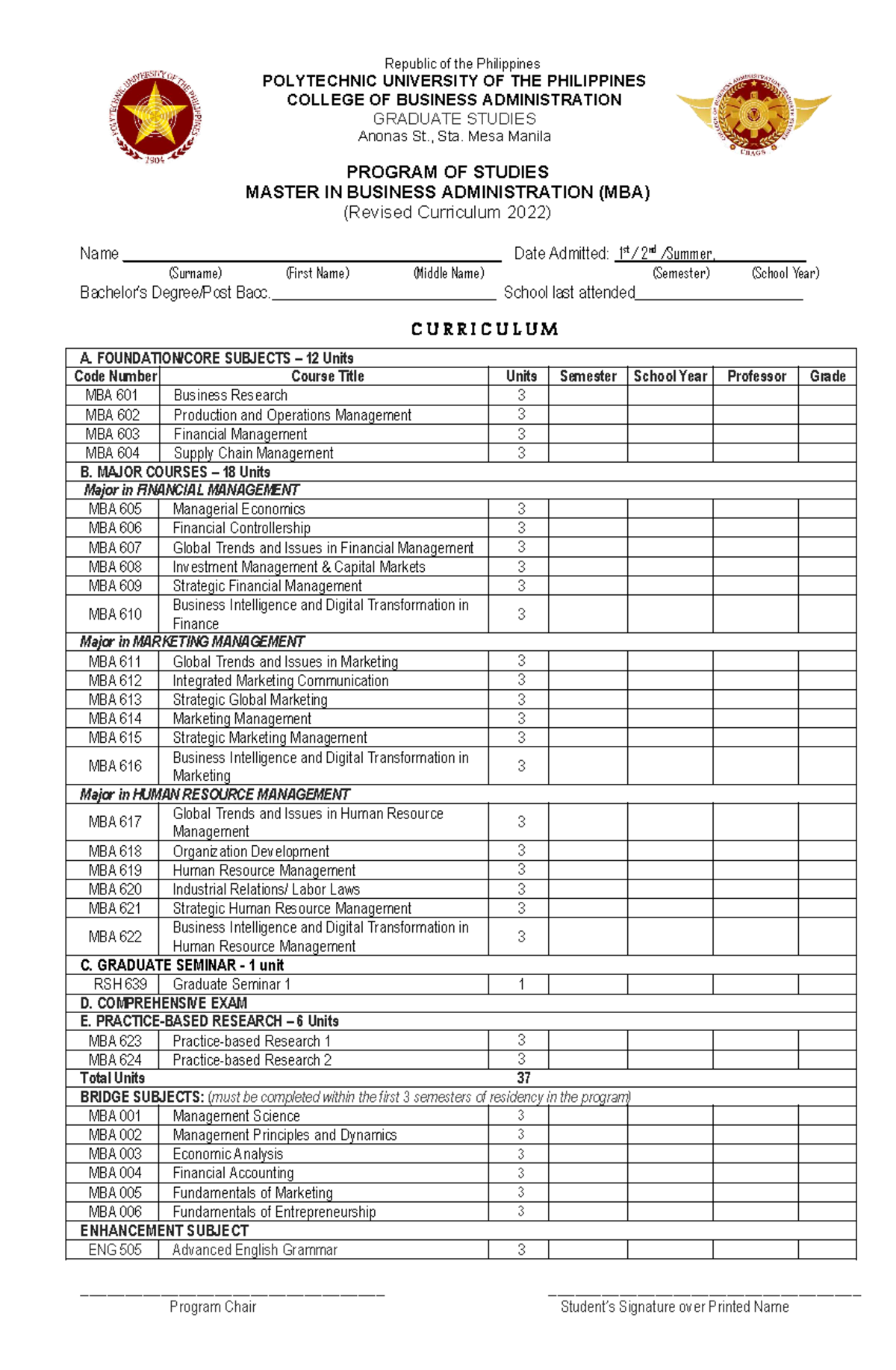 CBAGS Curriculum MBA 2022 - Republic of the Philippines POLYTECHNIC ...