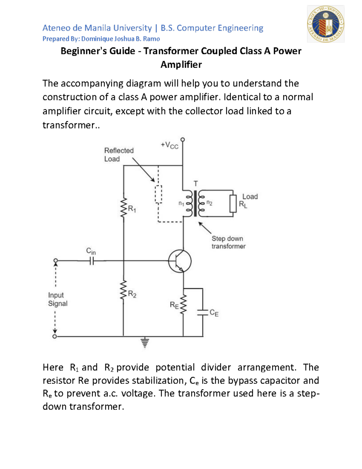 Beginner's Guide - Transformer Coupled Class A Power Amplifier - Prepared By: Dominique Joshua B ...
