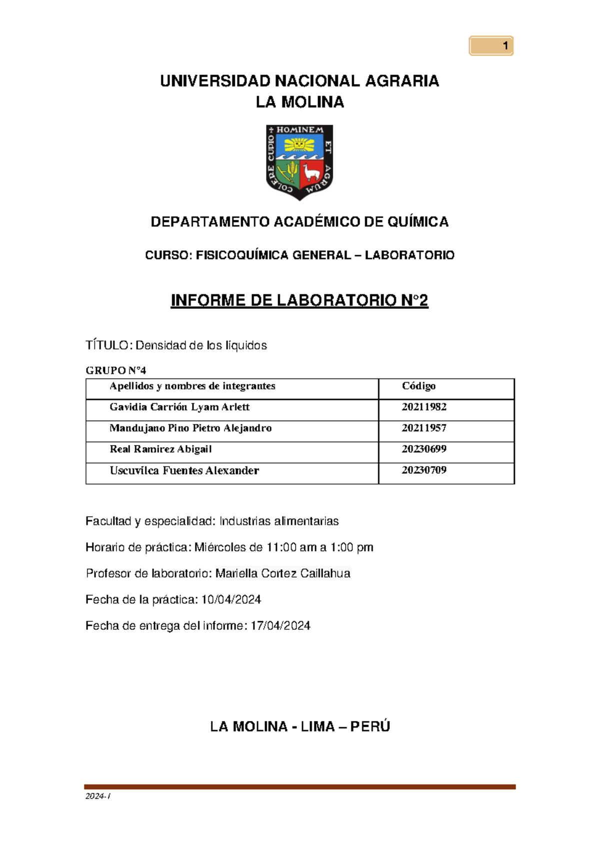 Informe de Laboratorio 3 - densidad de liquidos - UNIVERSIDAD NACIONAL AGRARIA LA MOLINA - Studocu