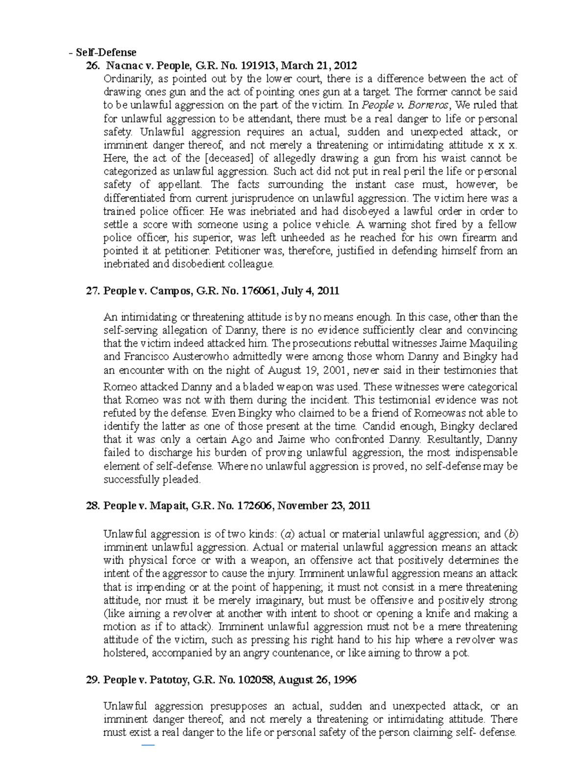 Self Defense Casea - Notes and Cases - Self-Defense 26. Nacnac v ...