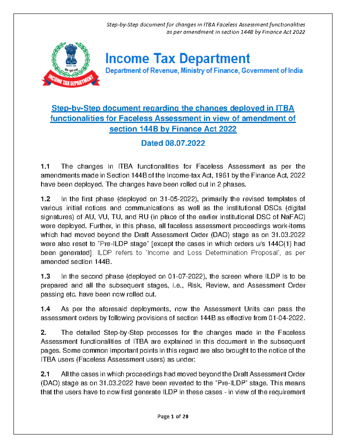 ITBA Step-by-step document dated 8 July 2022 explaining changes made in ...