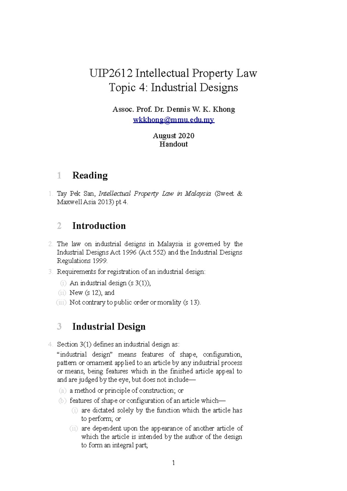 UIP2612 - Topic 4 - Industrial designs - UIP2612 Intellectual Property ...