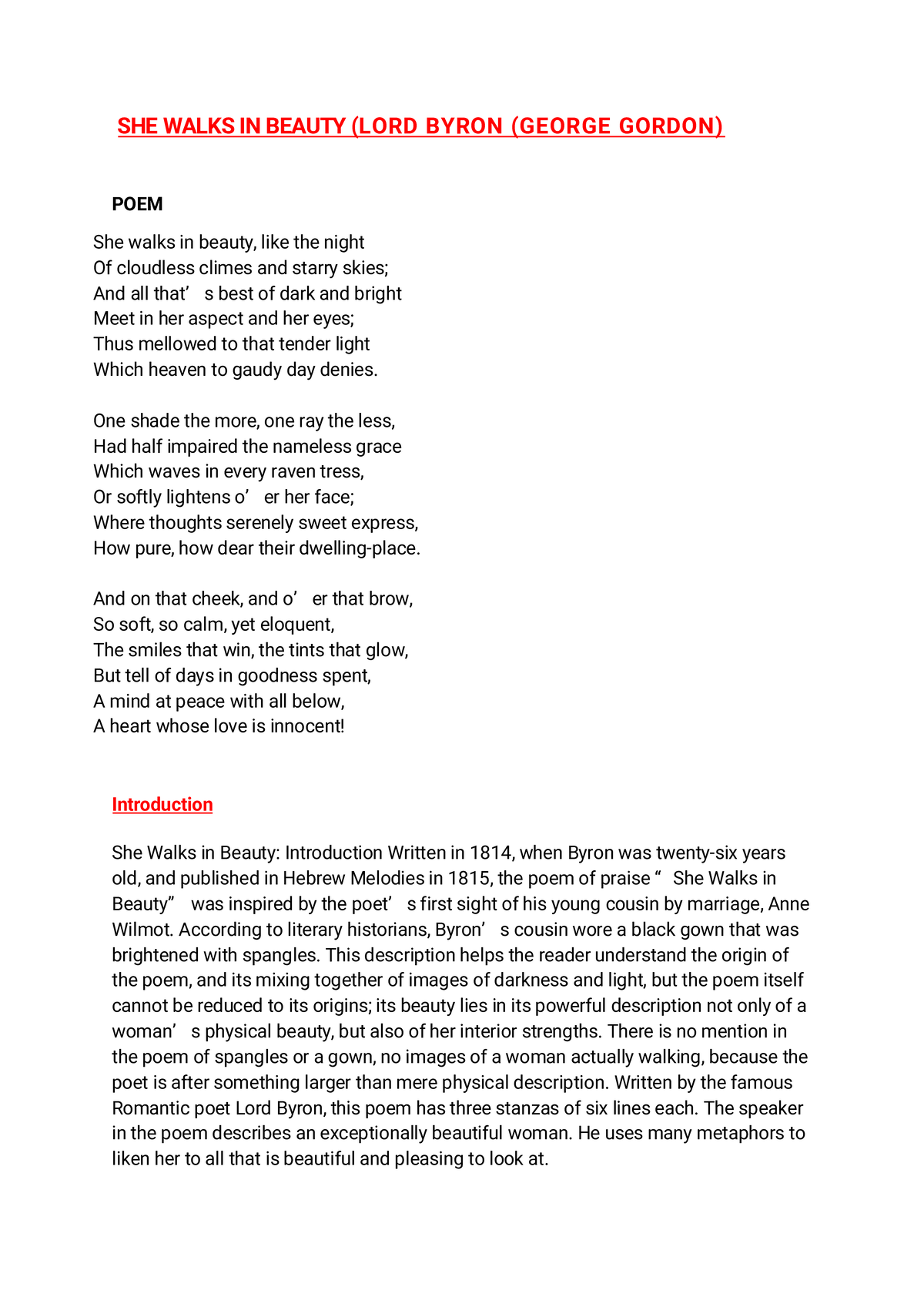 She walks in Beauty Literature review on project file - SHE WALKS IN ...