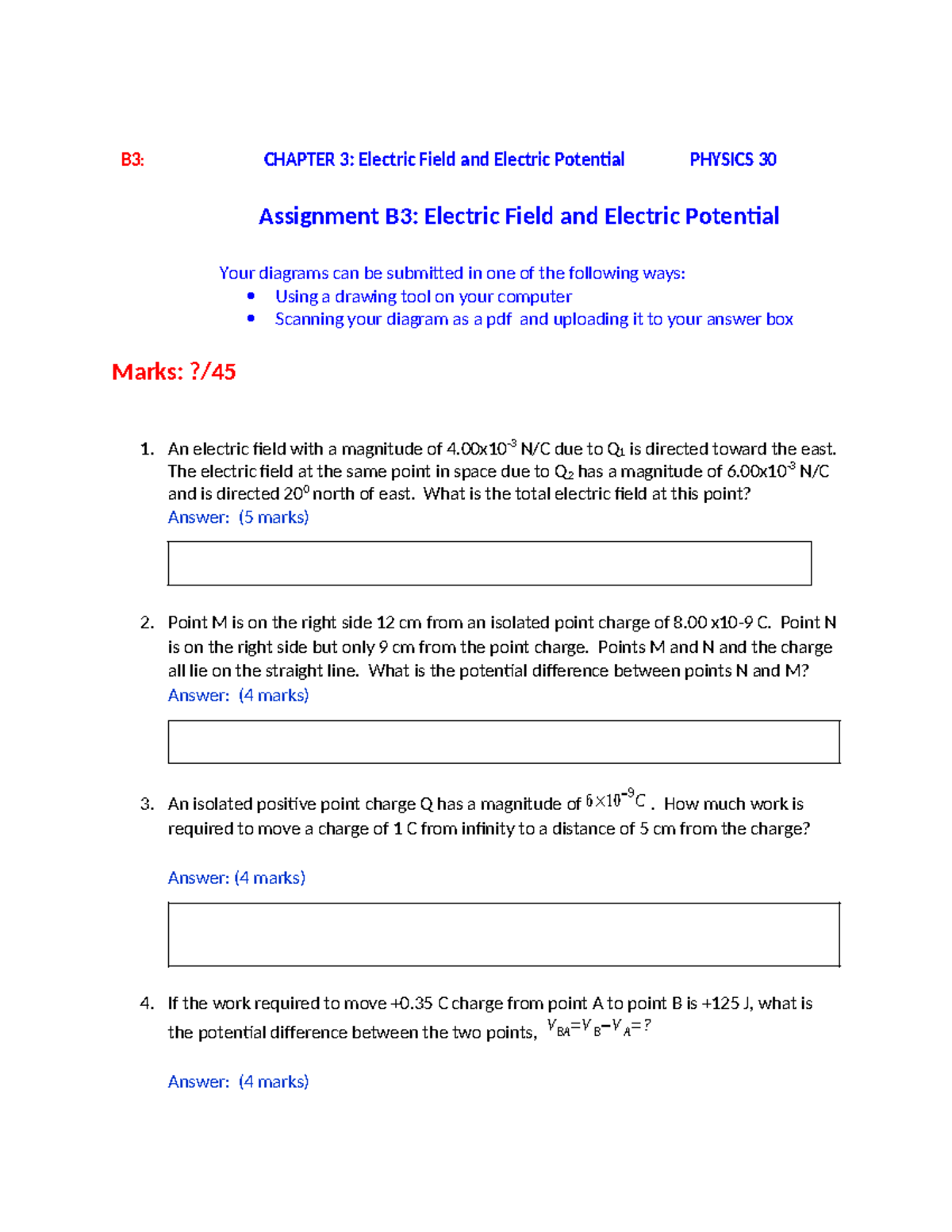 Assignment B 3 - aaaaa - B3: CHAPTER 3: Electric Field and Electric Potential PHYSICS 30 ...