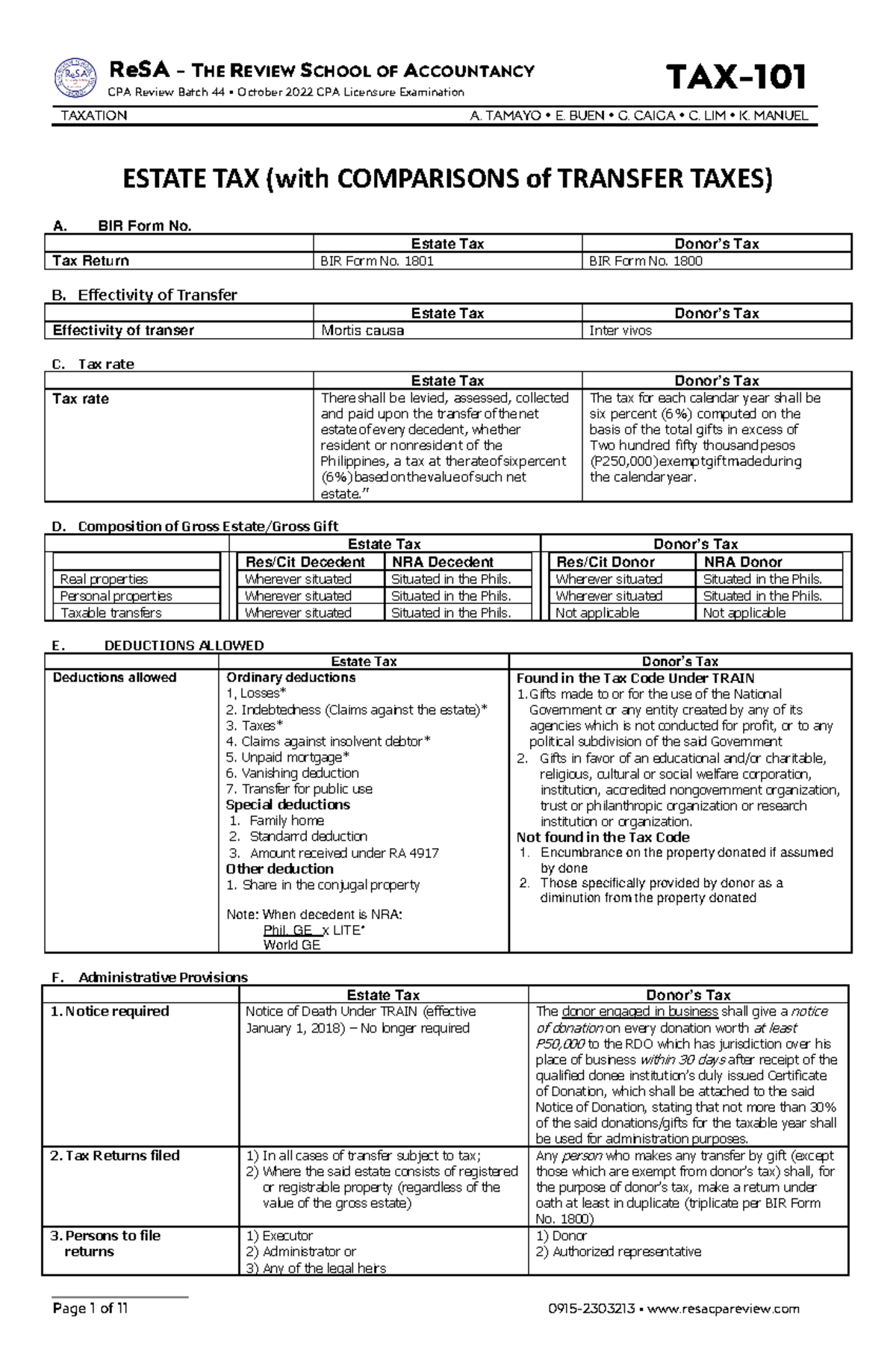 TAX-101 (Estate Tax) - ReSA - THE REVIEW SCHOOL OF ACCOUNTANCY CPA ...
