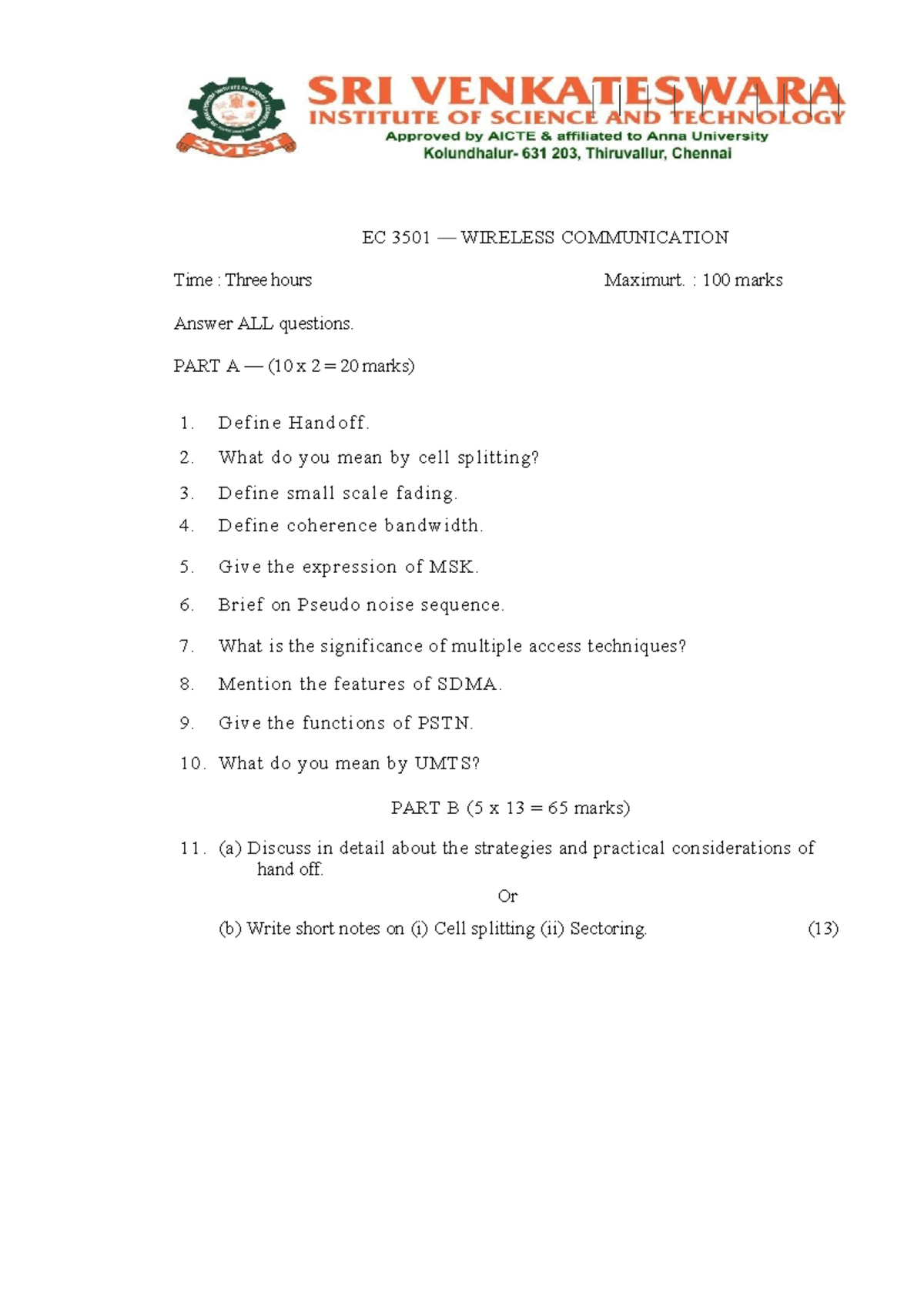 Wireless Communication - EC3501 model exam paper - EC 3501 — WIRELESS ...