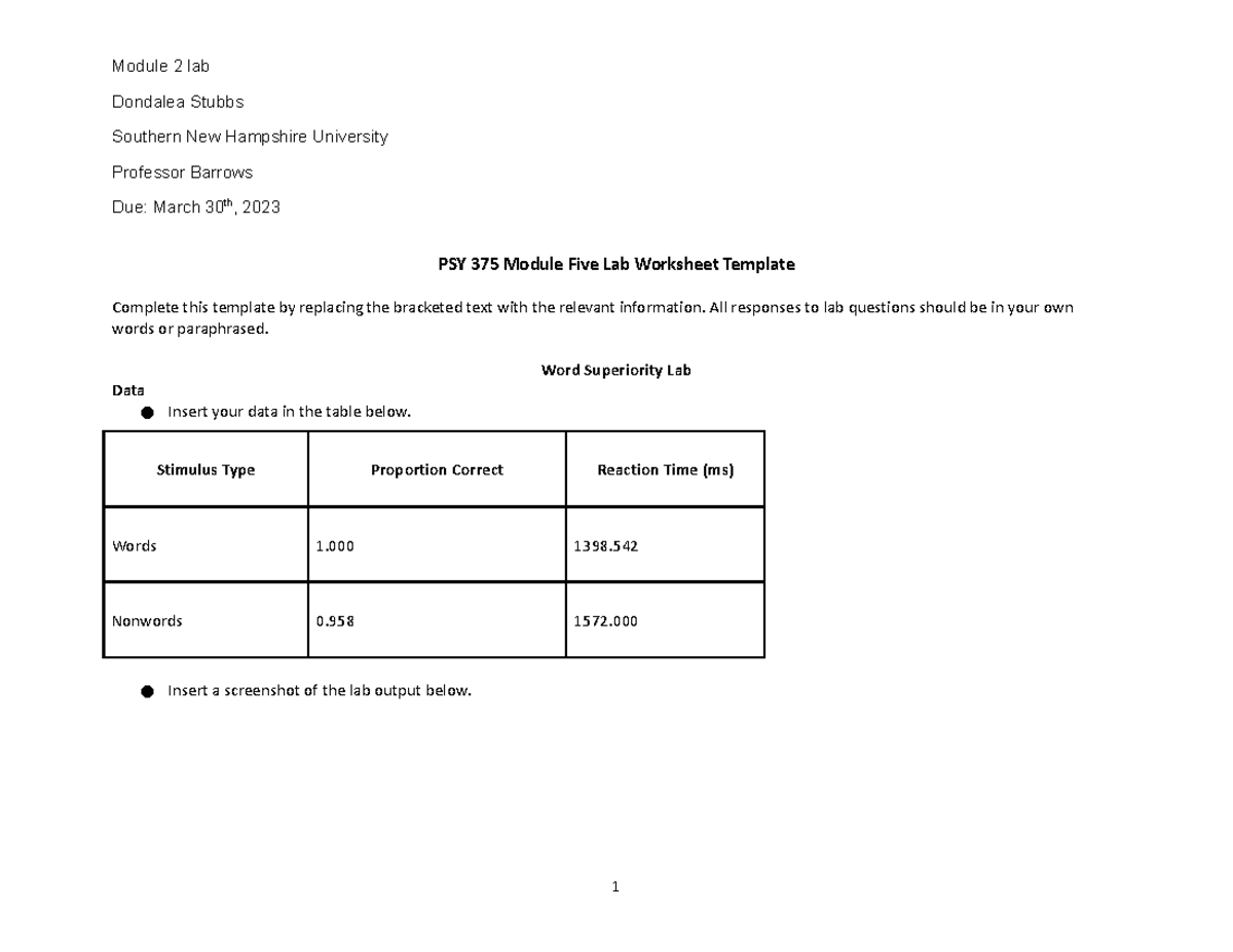 PSY 375 Module Five Lab Worksheet Template - Dondalea Stubbs Southern ...