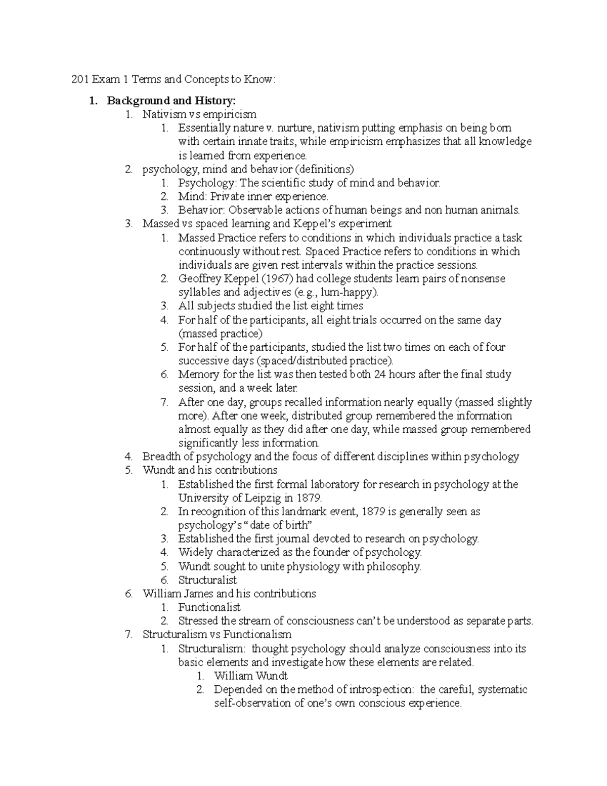 Exam 1 Study Guide - Brian Rabinowitz, Intro to Psych as a Natural ...