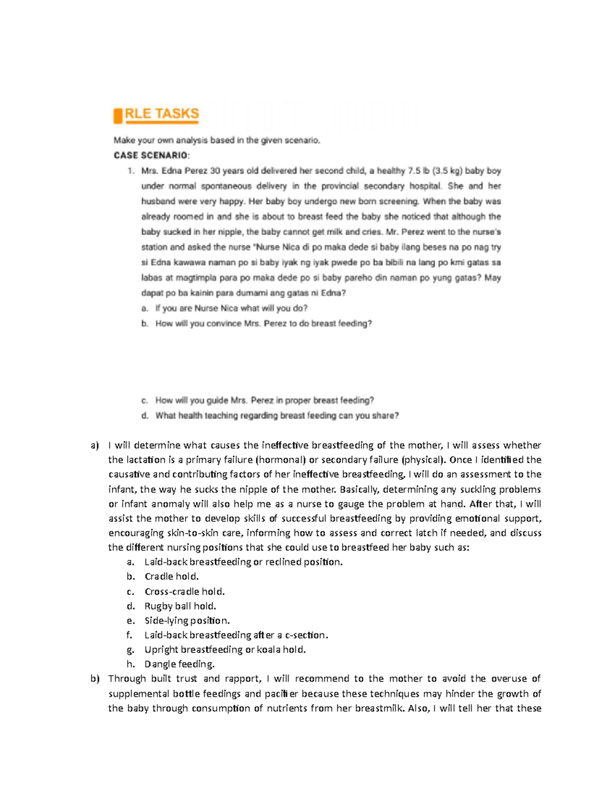 RLE- Breastfeeding - RLE NOTES - a) I will determine what causes the ...