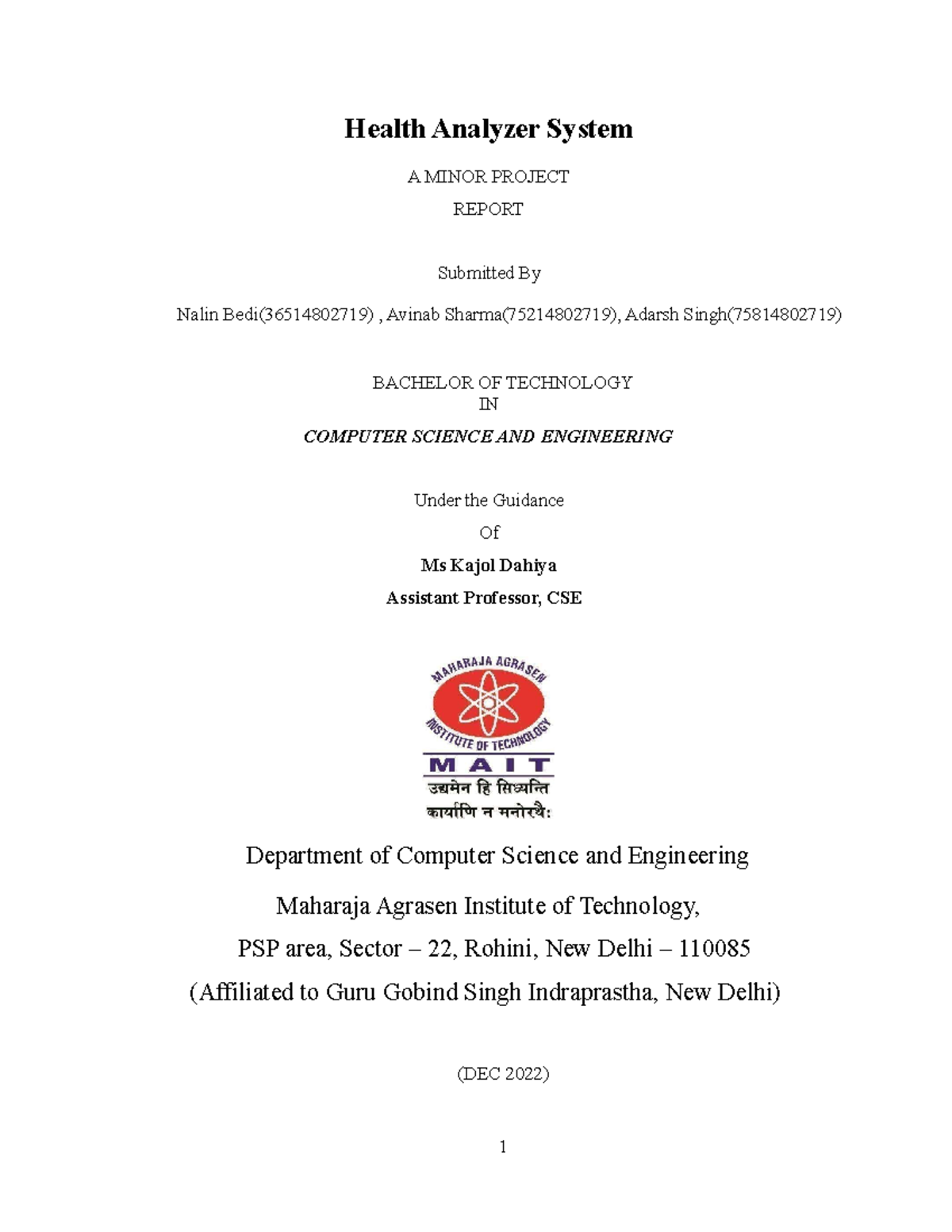 Health Analyzer System- Report - Health Analyzer System A MINOR PROJECT ...