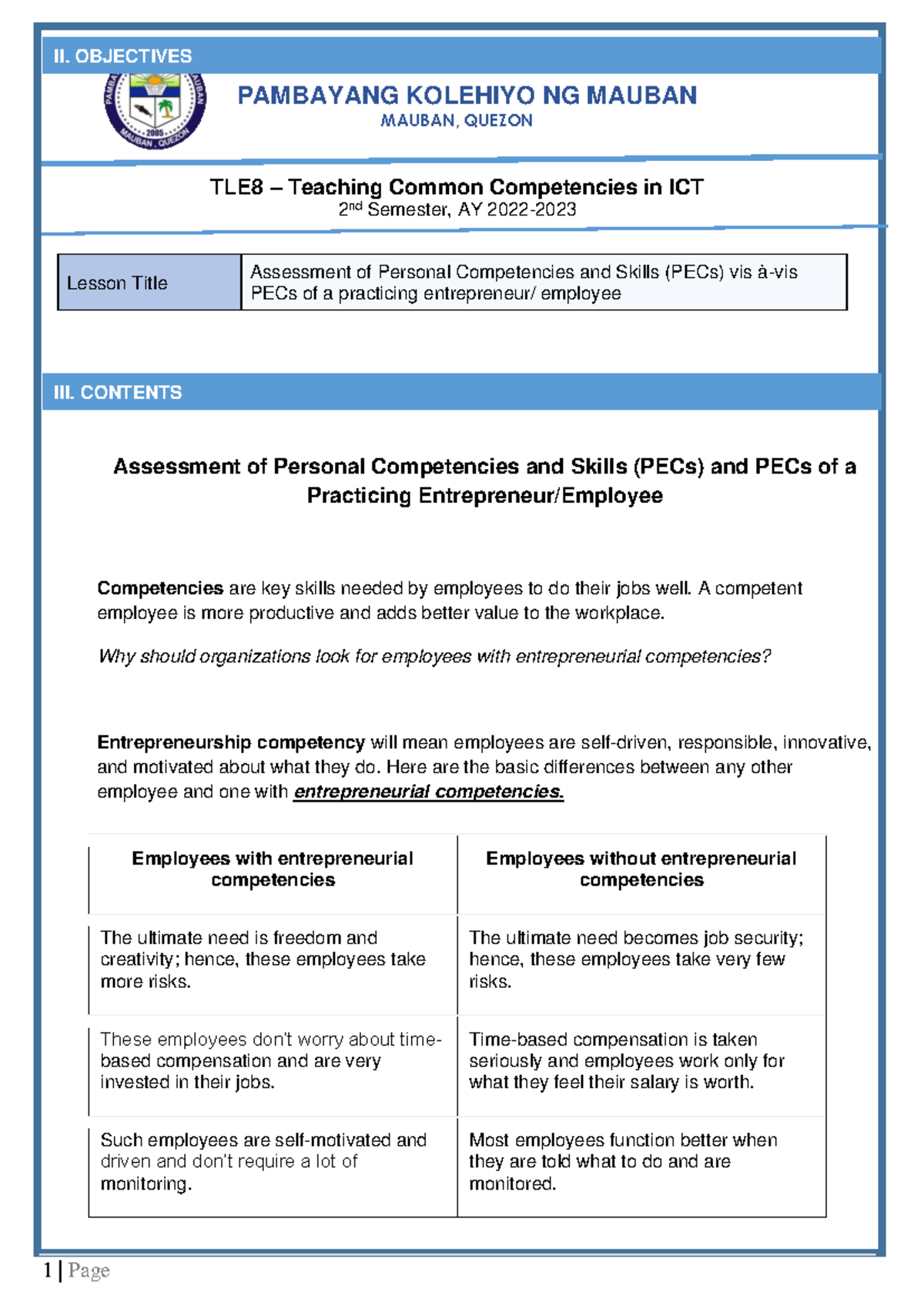 ICT - lea - PAMBAYANG KOLEHIYO NG MAUBAN MAUBAN, QUEZON TLE8 – Teaching ...