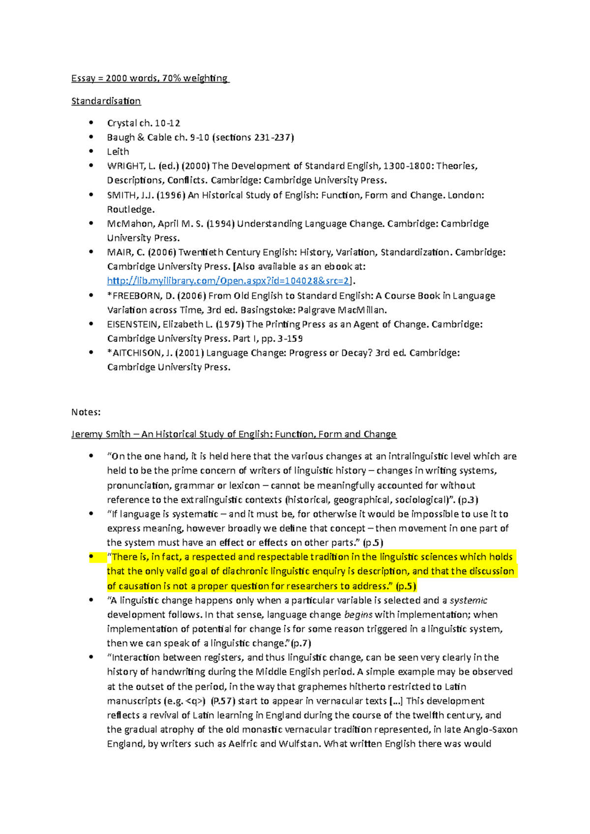 History of English - Reading notes - Essay = 2000 words, 70% weighting ...