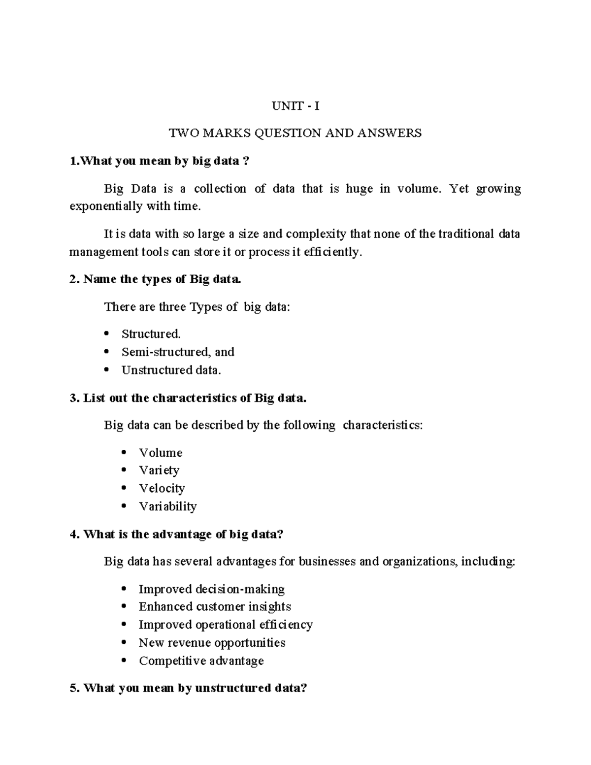 Big Data 2 marks - Anna university notes - UNIT - I TWO MARKS QUESTION ...