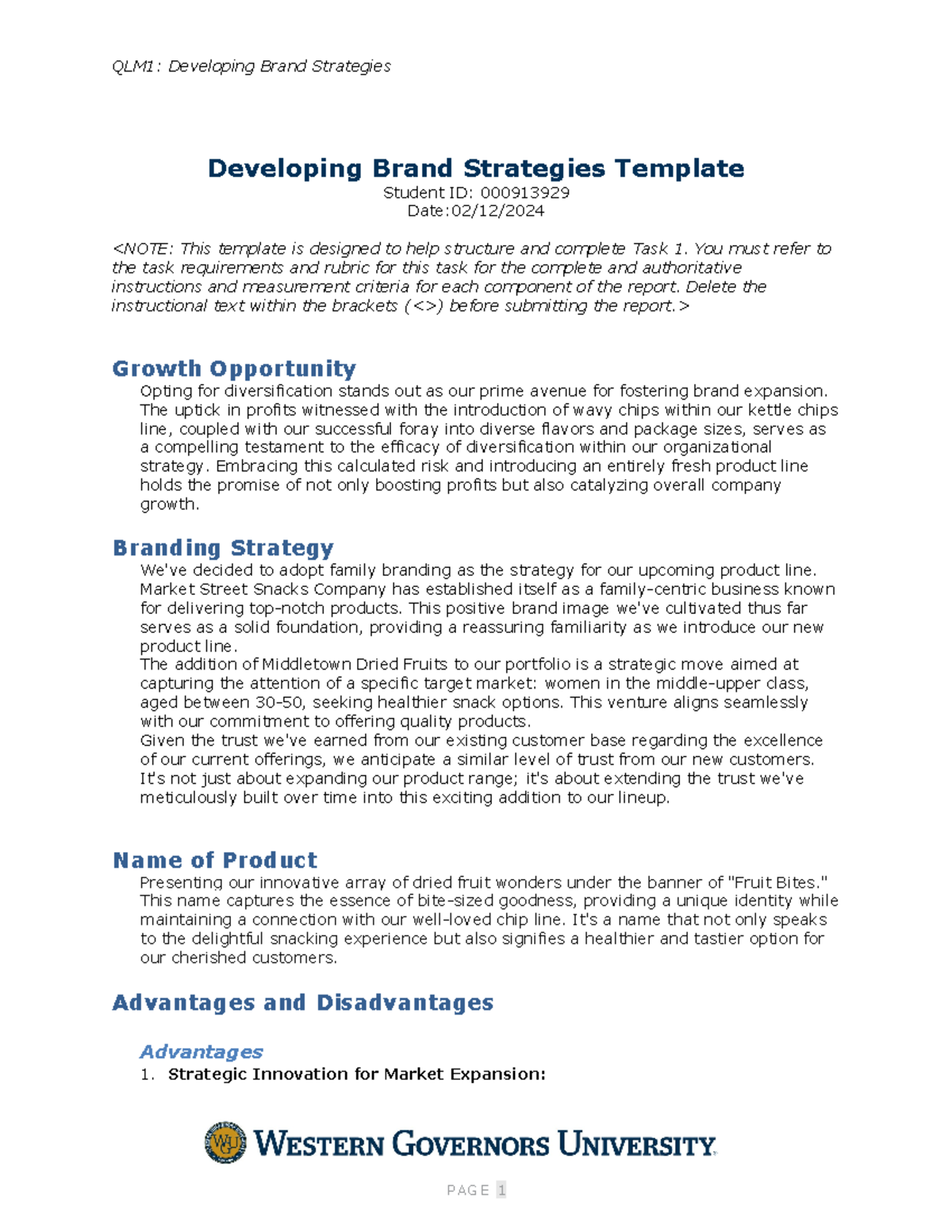 Developing Brand Strategies Template- Austin Snow - QLM1: Developing ...