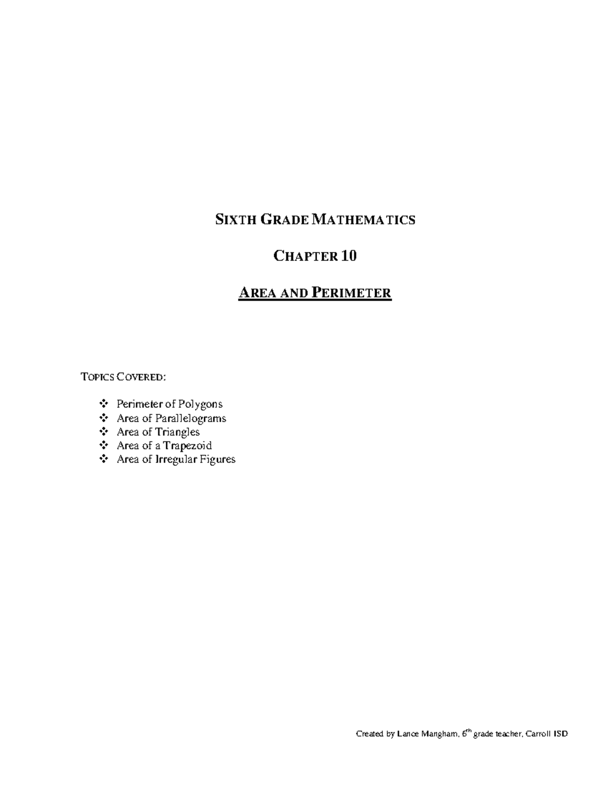 Area and perimeter - SIXTH GRADE MATHEMATICS CHAPTER 10 AREA AND ...