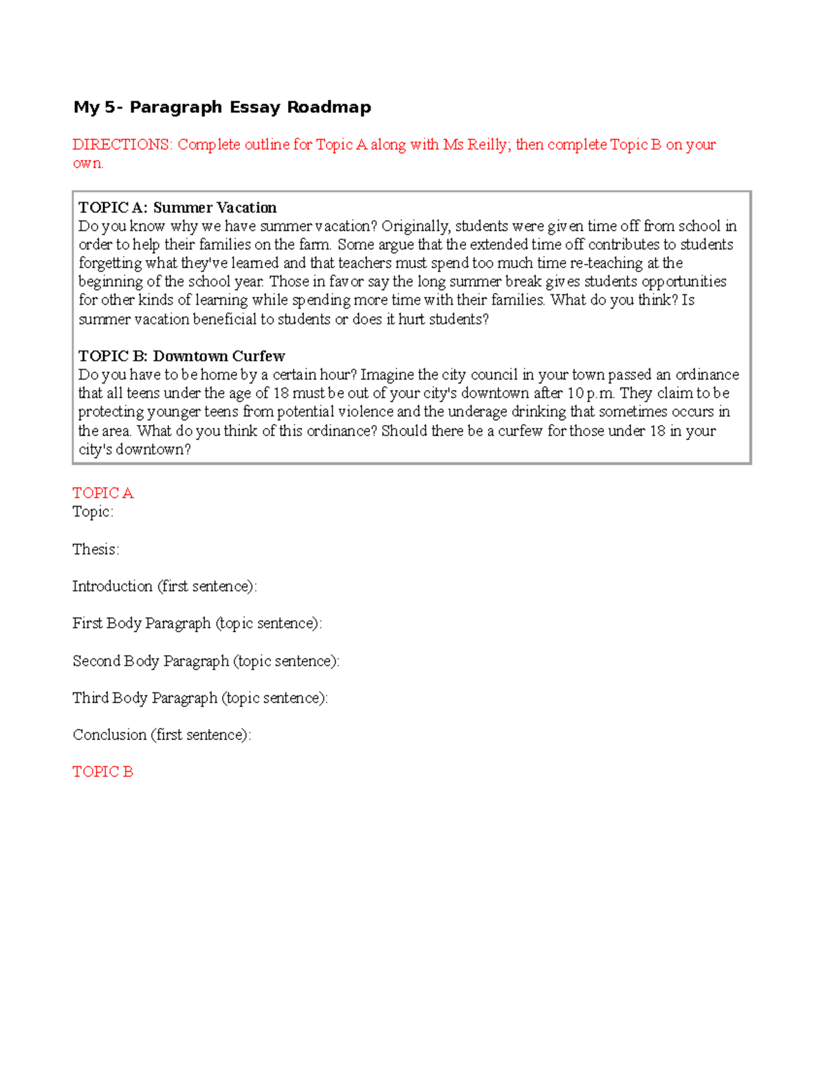 Practice Outlines for 5 Paragraph Essay - My 5- Paragraph Essay Roadmap ...