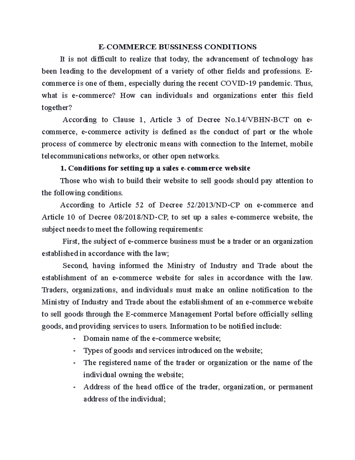 E Commerce Business Conditions - E-COMMERCE BUSSINESS CONDITIONS It is ...