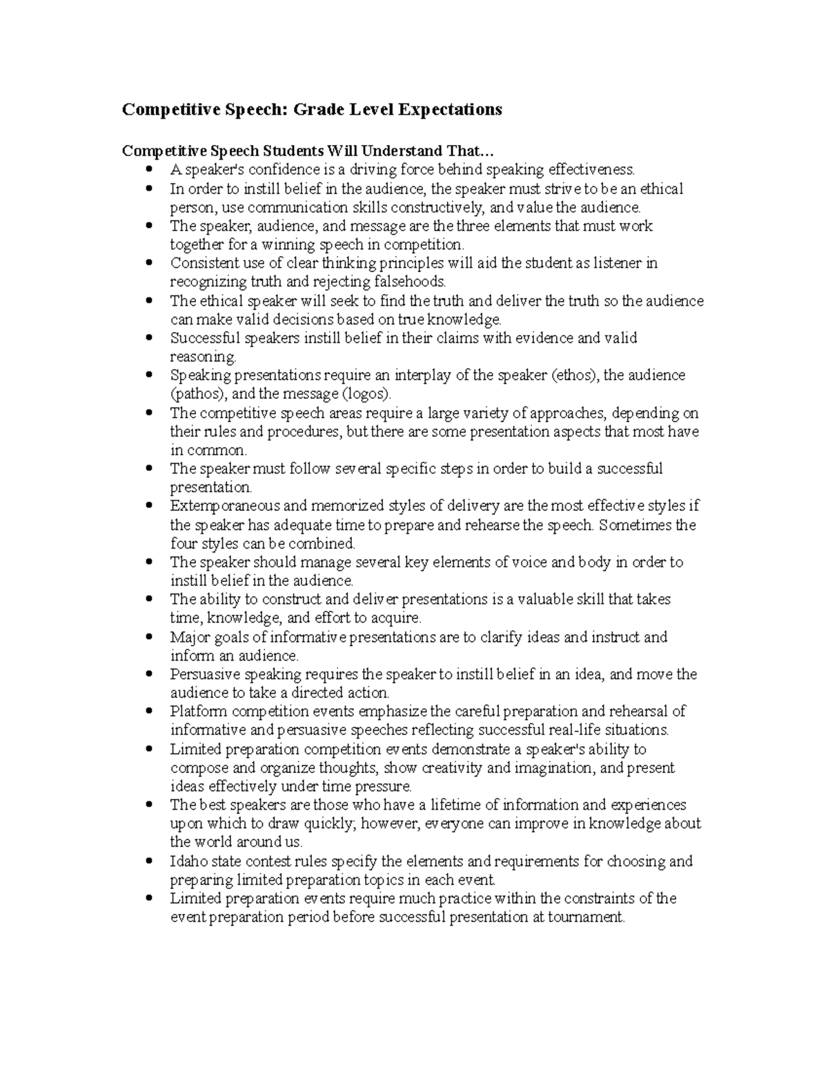 Competitive Speech Course Expectations - Competitive Speech: Grade ...